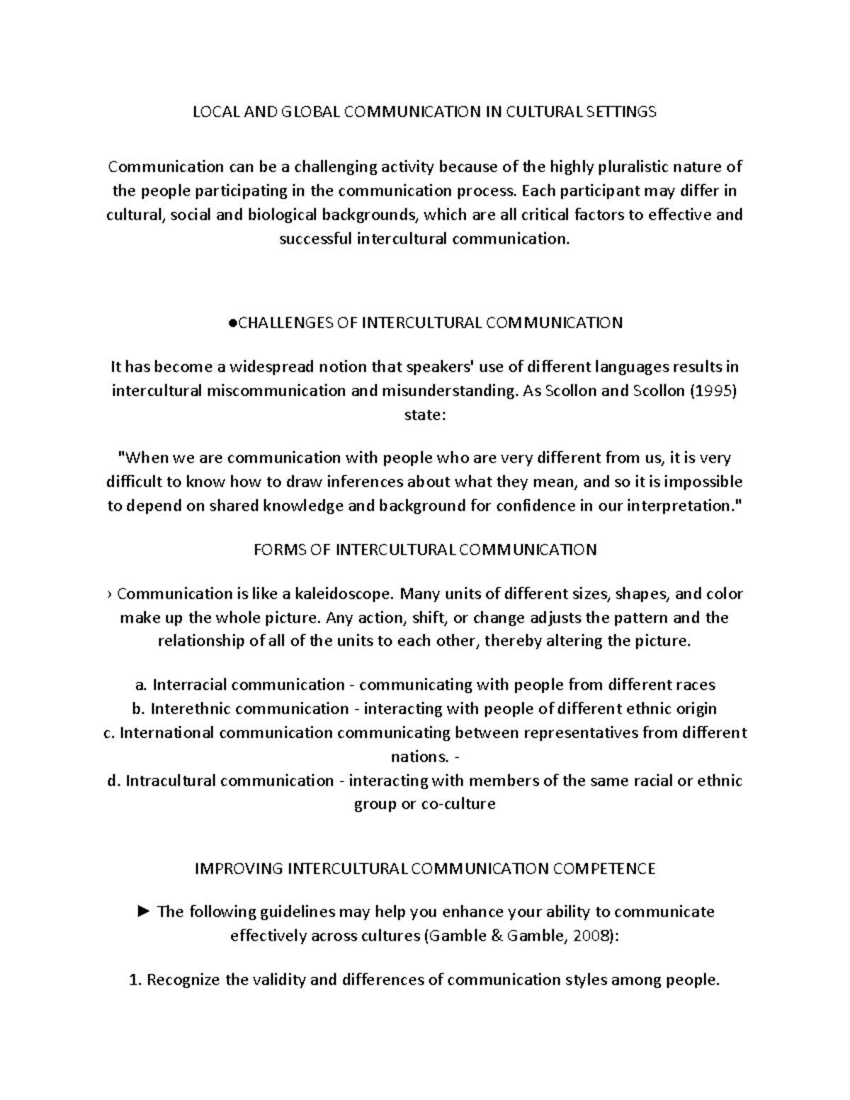 PC1 - LOCAL AND GLOBAL COMMUNICATION IN CULTURAL SETTINGS Communication ...