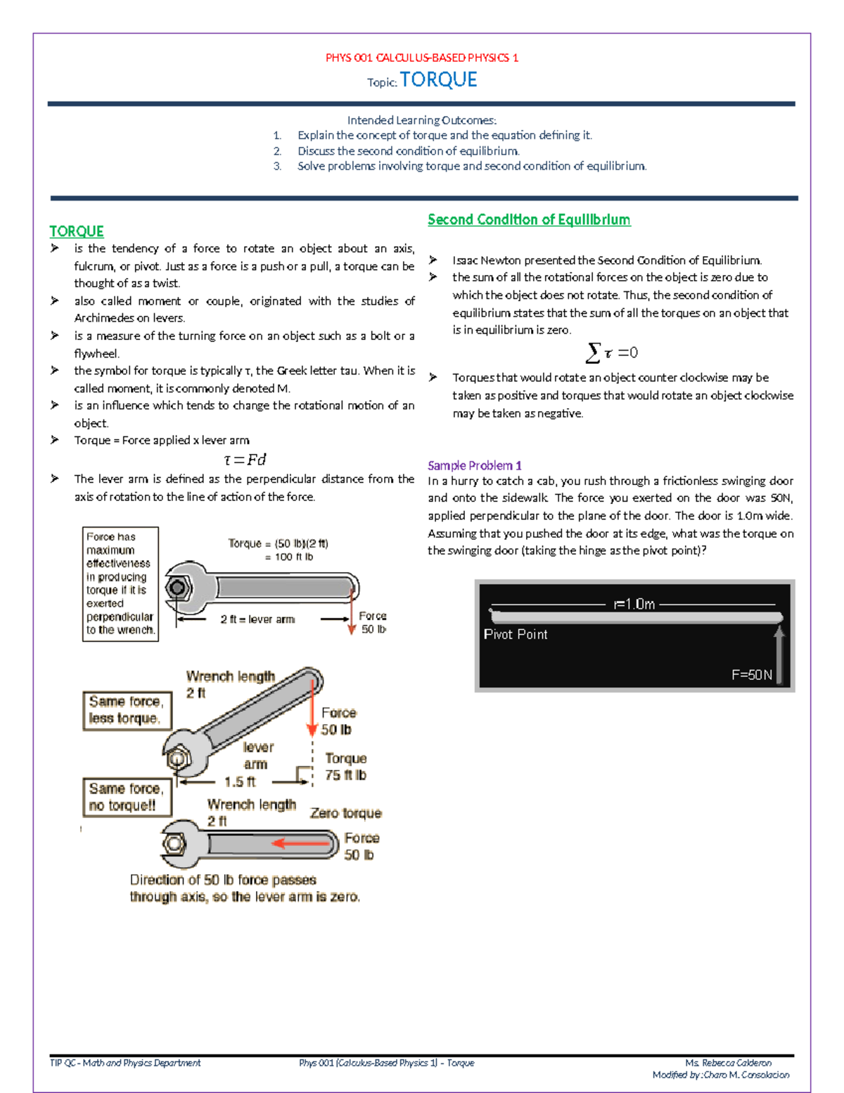 PHYS 001 Lecture notes on Torque - PHYS 001 CALCULUS-BASED PHYSICS 1 ...