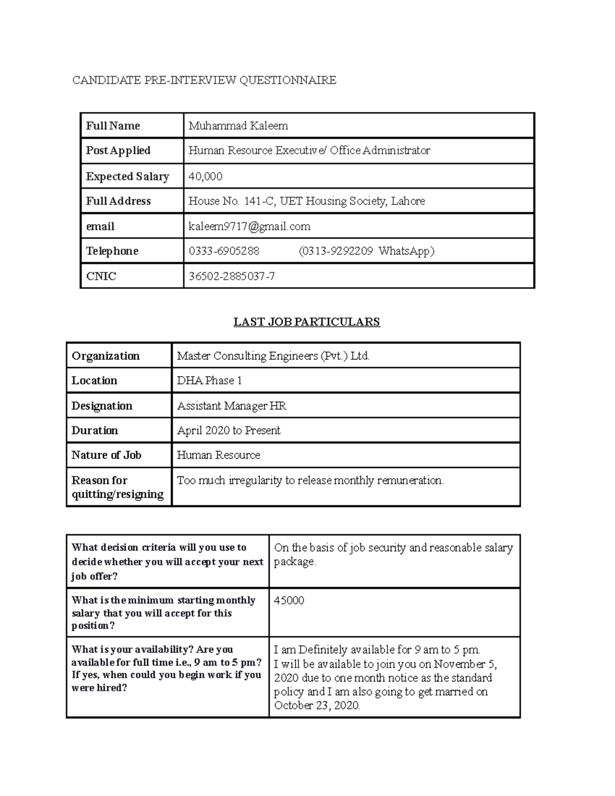 Candidate Pre Interview Questionnaire (HR) - CANDIDATE PRE-INTERVIEW ...
