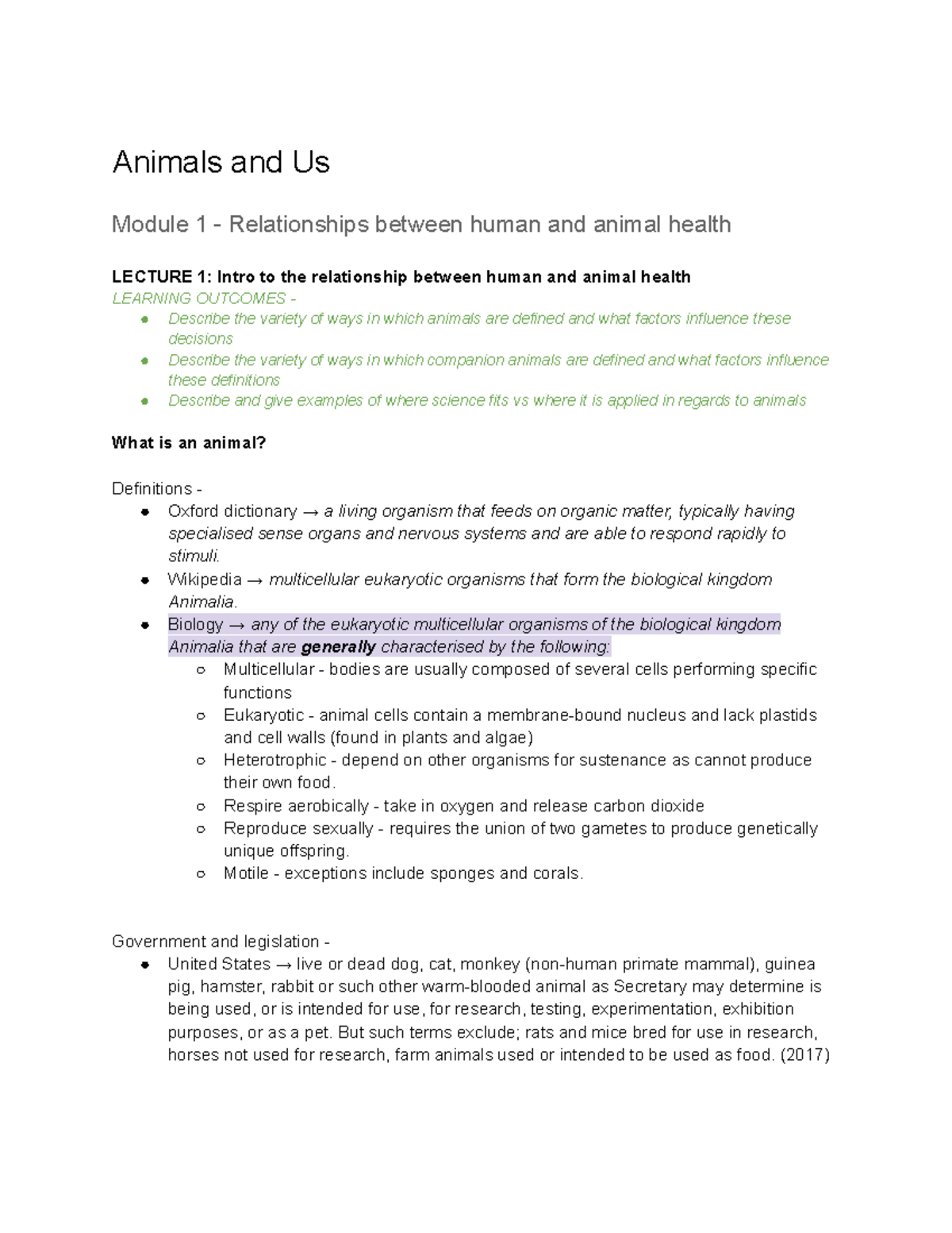 Animals and Us Notes - Animals and Us Module 1 - Relationships between ...
