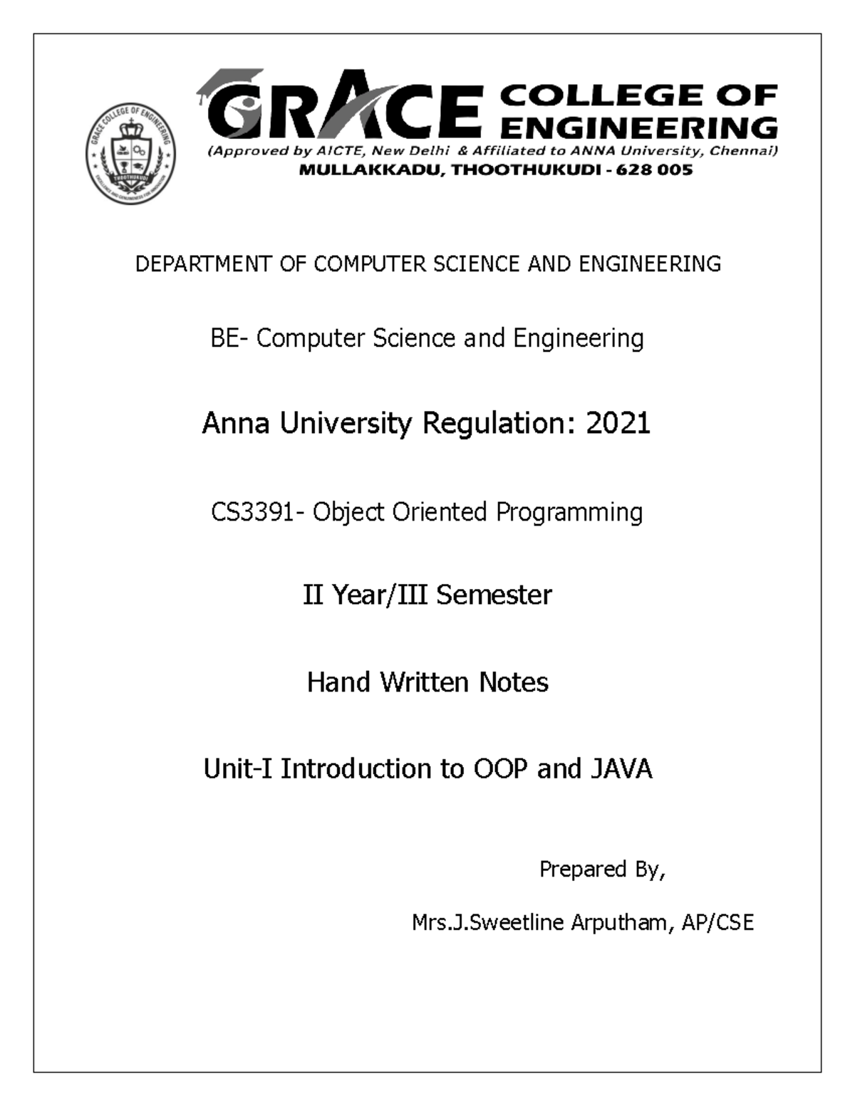 III CSE CS3391 OOP UNIT 2 - DEPARTMENT OF COMPUTER SCIENCE AND ...