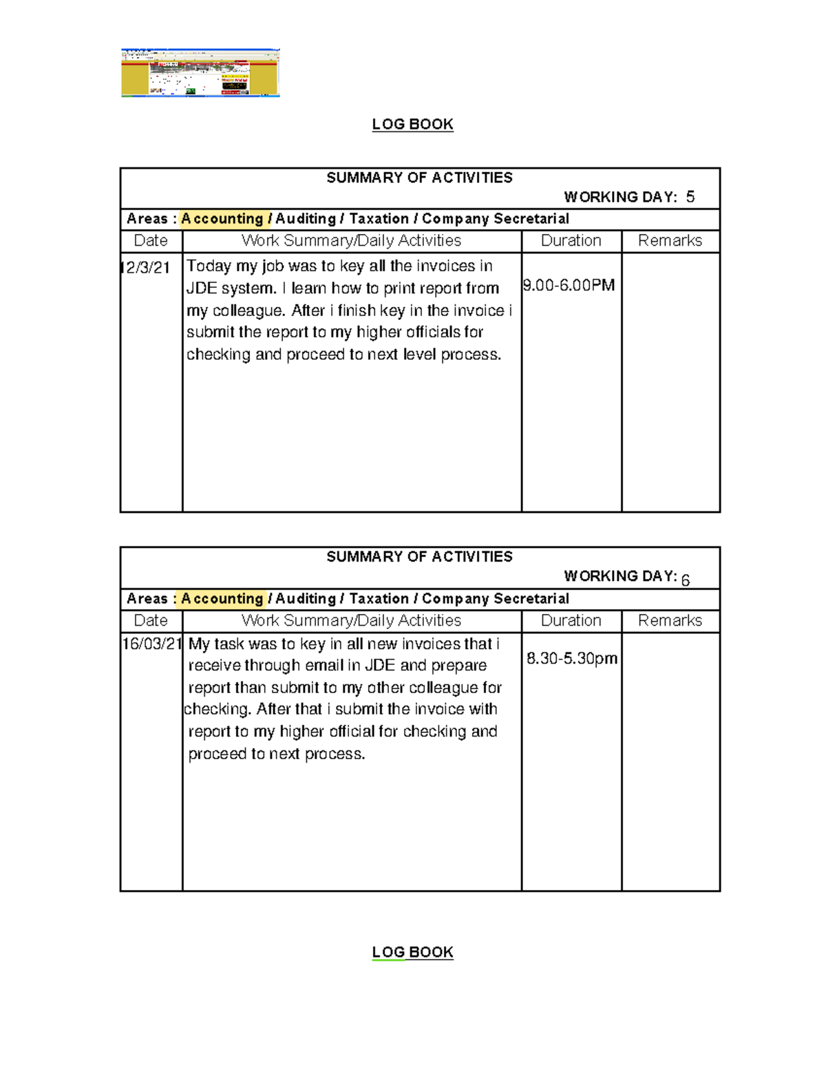 Log book - 2 - testimonial - LOG BOOK SUMMARY OF ACTIVITIES WORKING DAY ...
