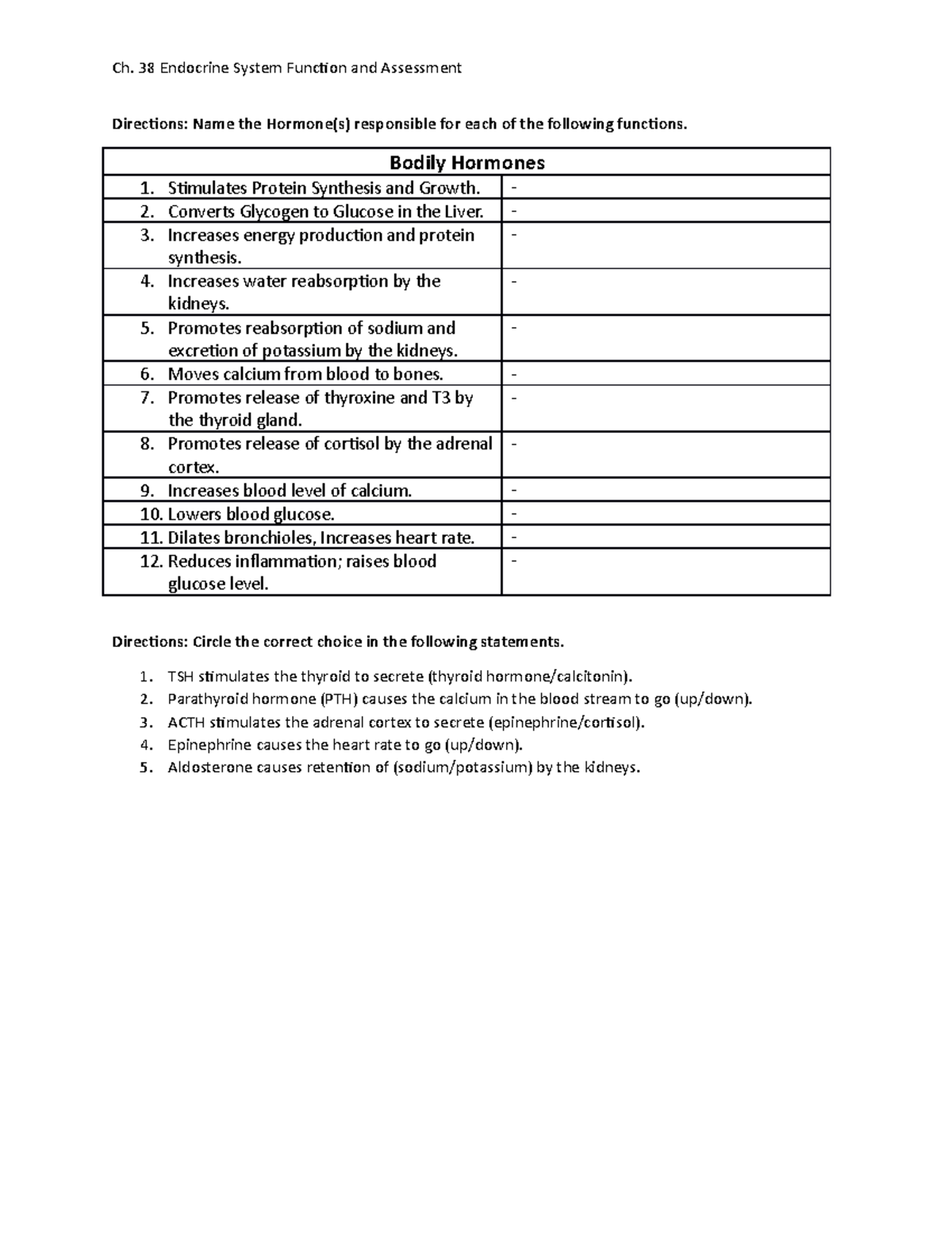 Ch. 38 Endocrine System Function and Assessment - Ch. 38 Endocrine ...