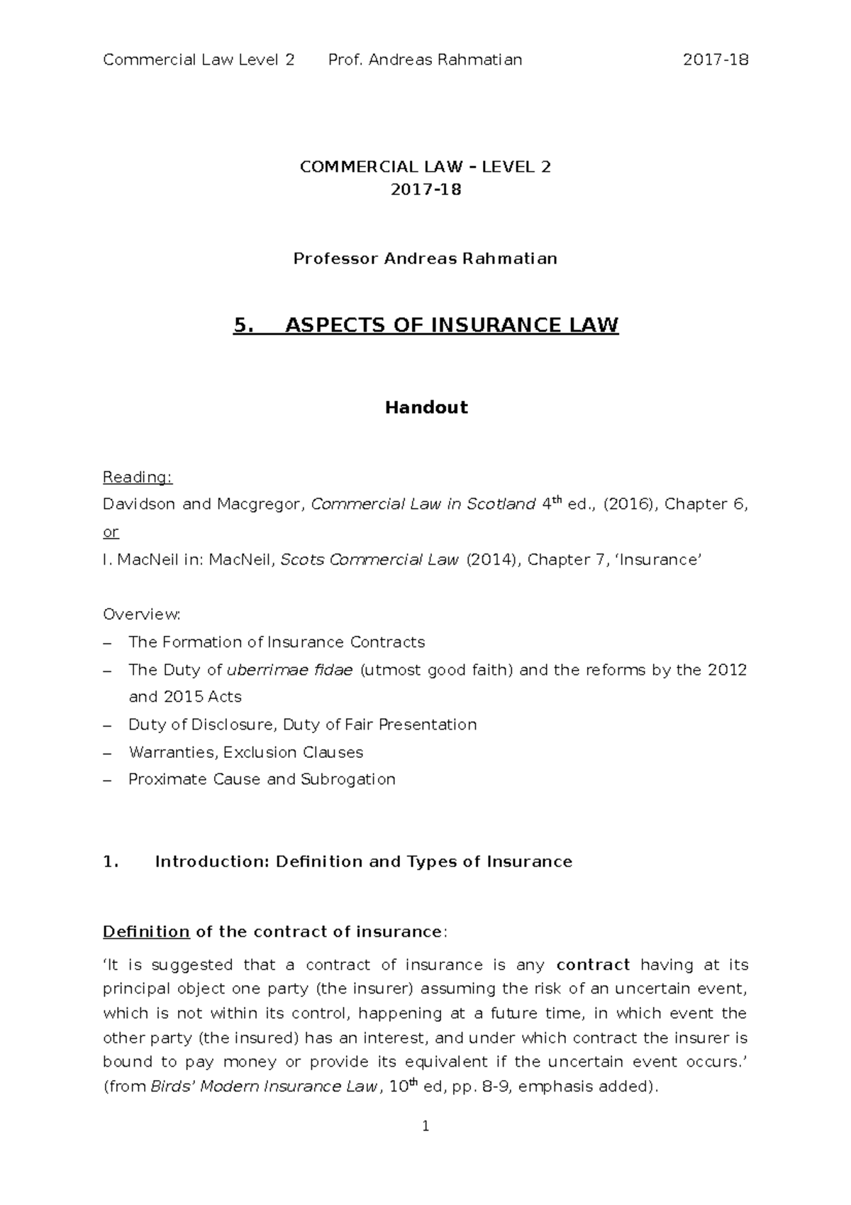 Insurance Handout 2018 - COMMERCIAL LAW – LEVEL 2 2017- Professor ...
