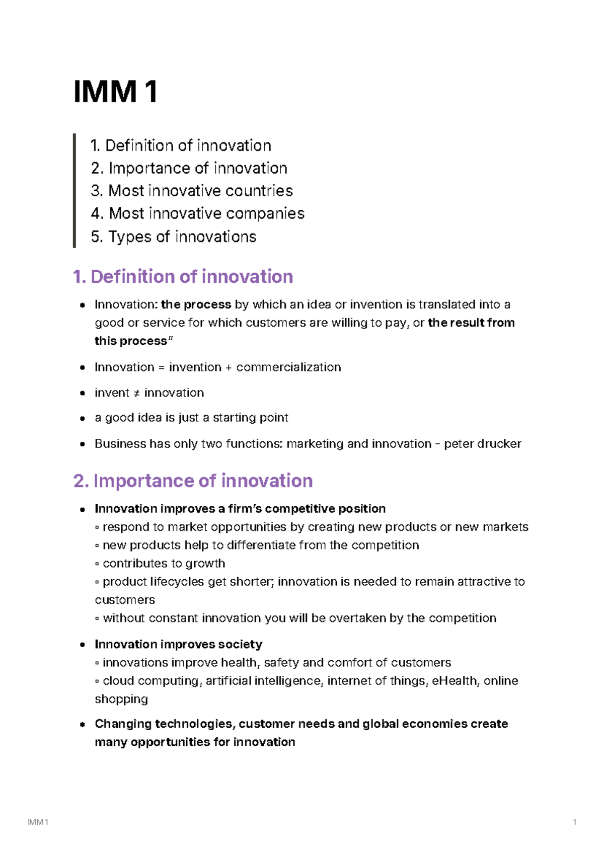 IMM lecture 1 summary - IMM 1 1. Definition of innovation 2. Importance ...