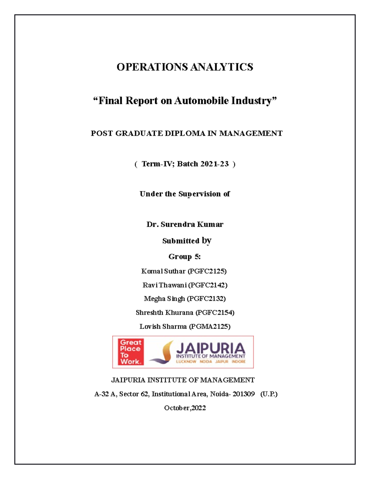 OA Group 05 - OPERATIONS ANALYTICS “Final Report on Automobile Industry ...
