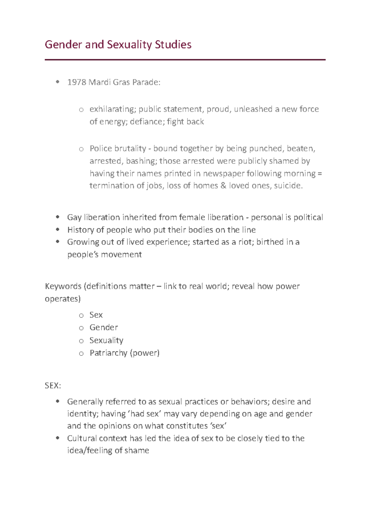 Lecture notes - Tri 1 class 1 - Gender and Sexuality Studies 1978 Mardi ...