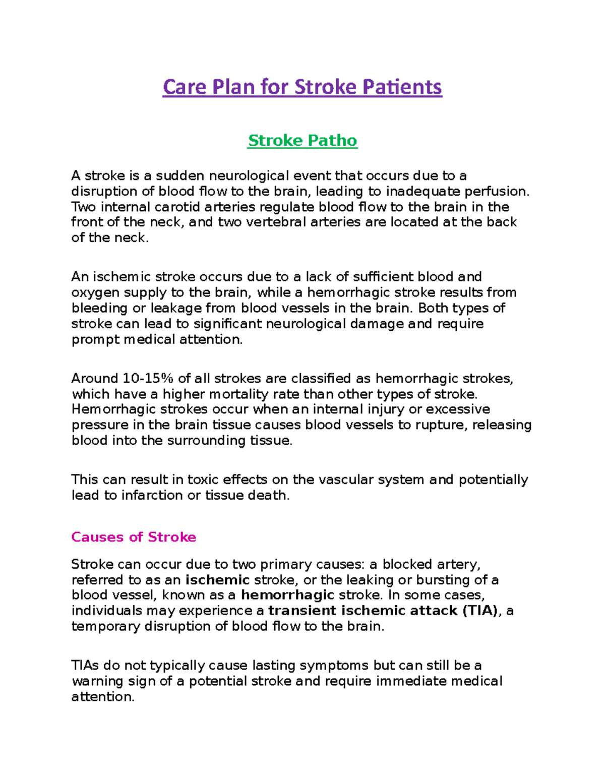 Care Plan For Stroke Patients Care Plan For Stroke Patients Stroke