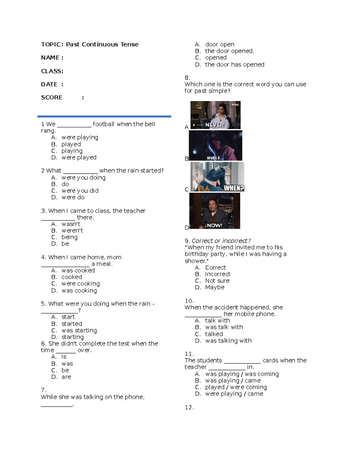 Soal Ulangan Past Continuous vs Past Simple - TOPIC : Past Continuous ...