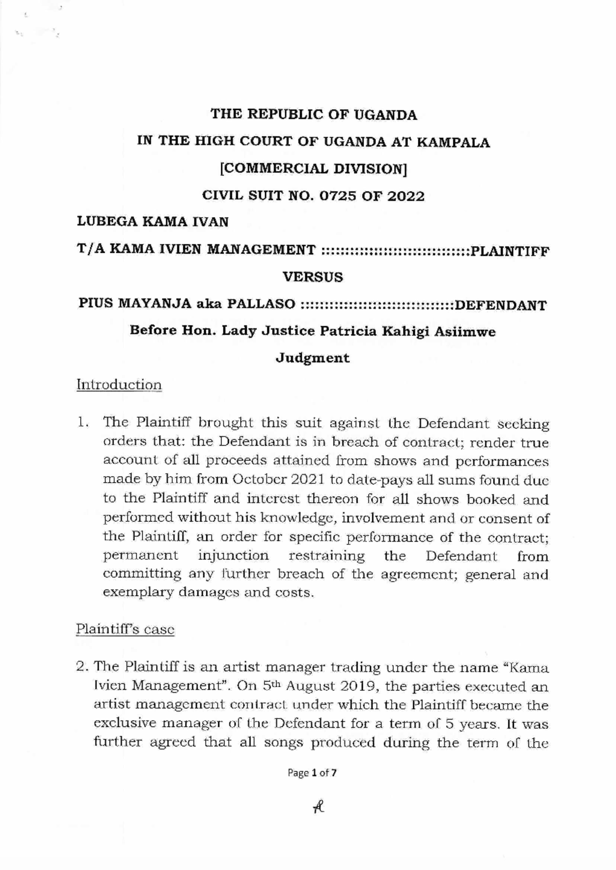 Kama v Mayanja aka Pallaso (Civil Suit 725 of 2022) 2024 UGComm C 327 ...