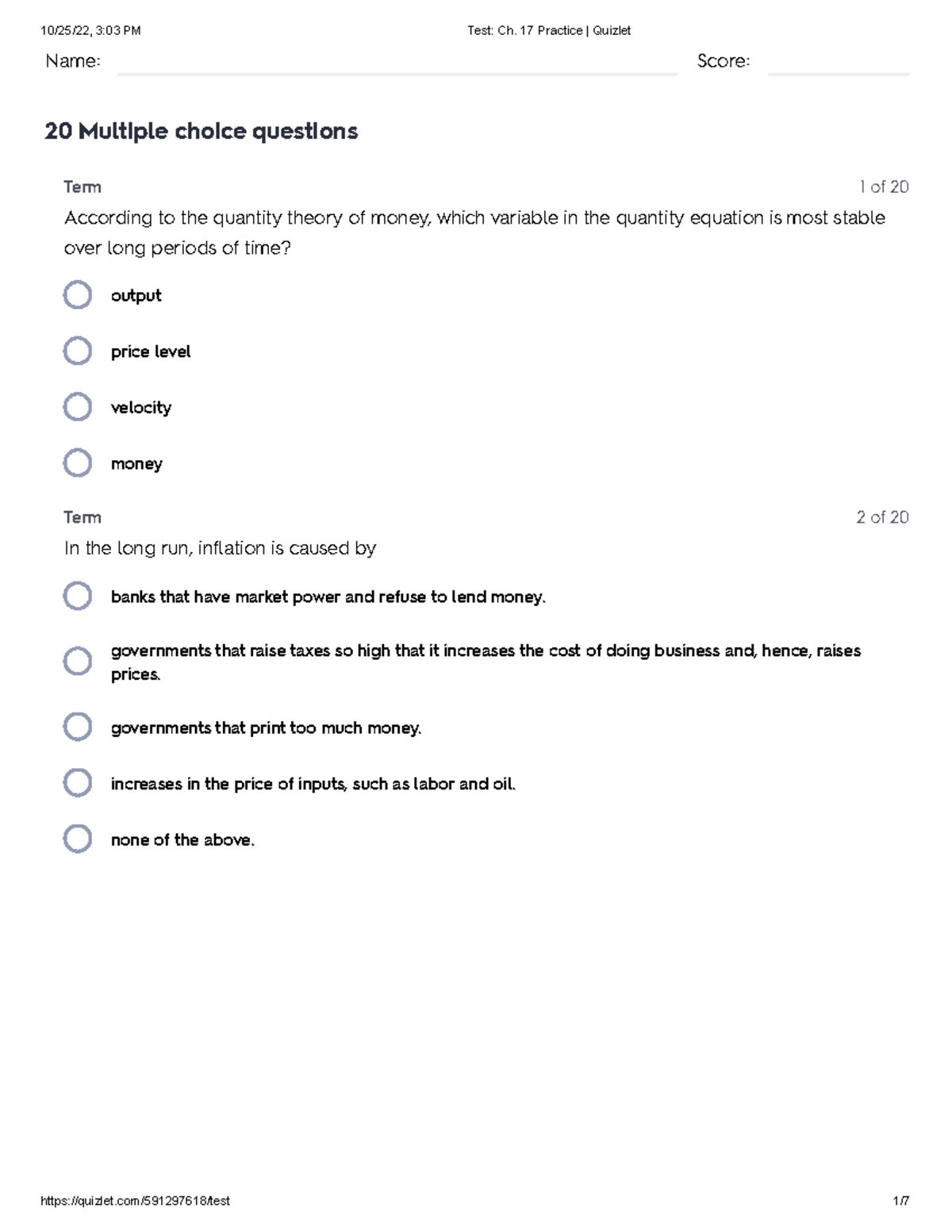 Test Ch. 17 Practice Quizlet - Name: Score: 20 Multiple choice ...