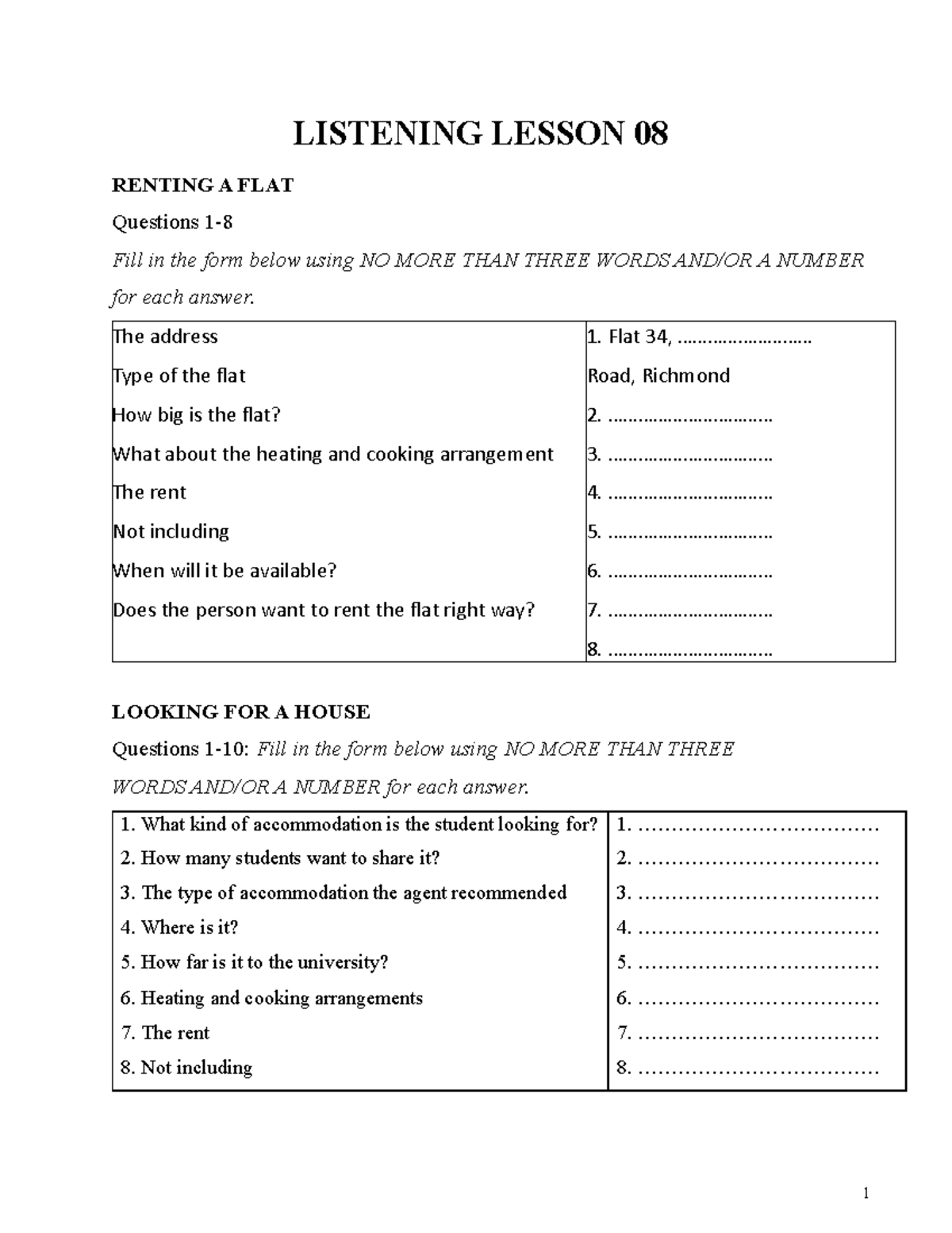 Listening U8 - english studies - LISTENING LESSON 08 RENTING A FLAT ...