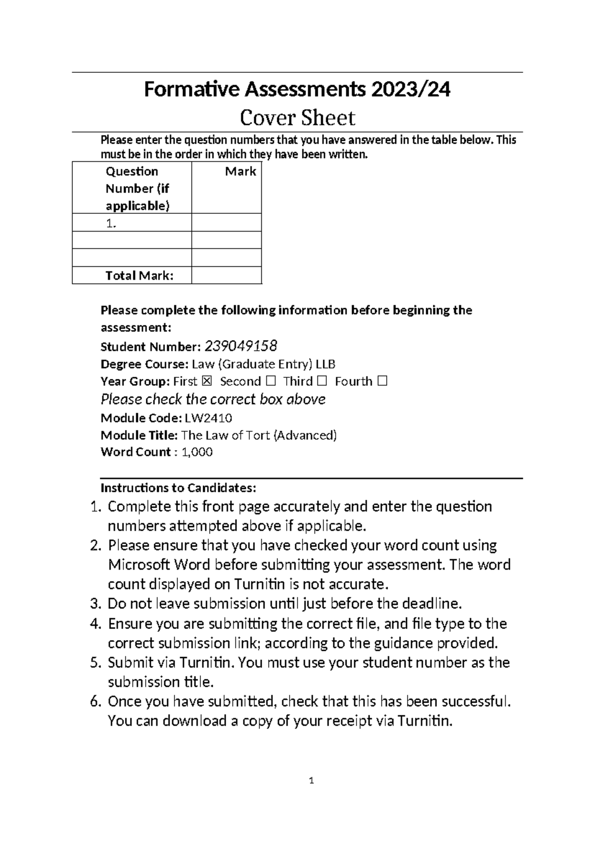 TORT 23- Formitive Assessment - LW2410 - Formative Assessments 2023 ...