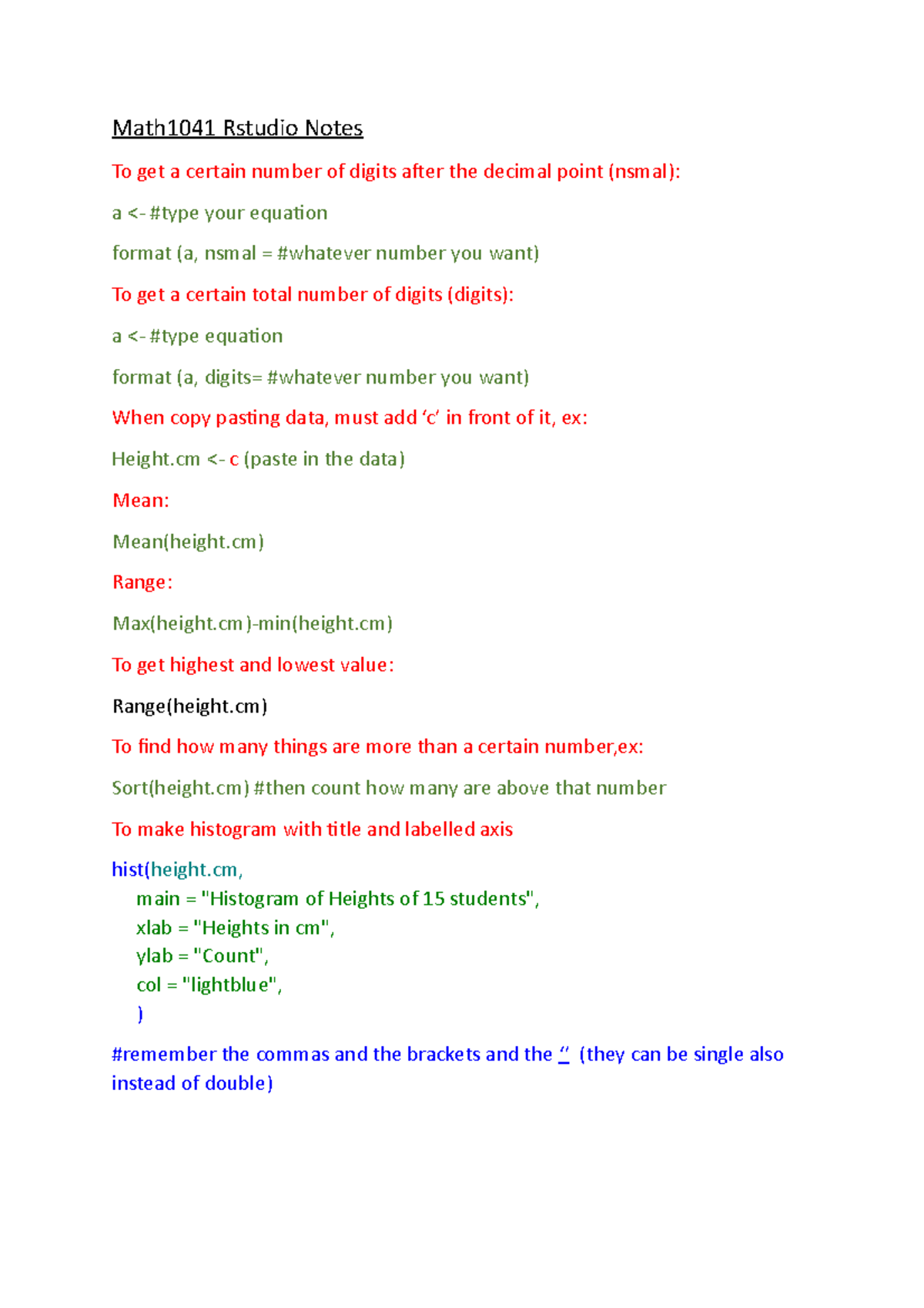 Math1041 Rstudio Notes - It finds - Min - Q1 (first quartile) - Median ...