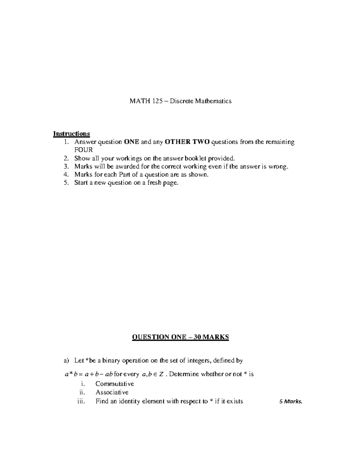MATH 121 MATH 125 EXAM MATH 125 Discrete Mathematics Instructions
