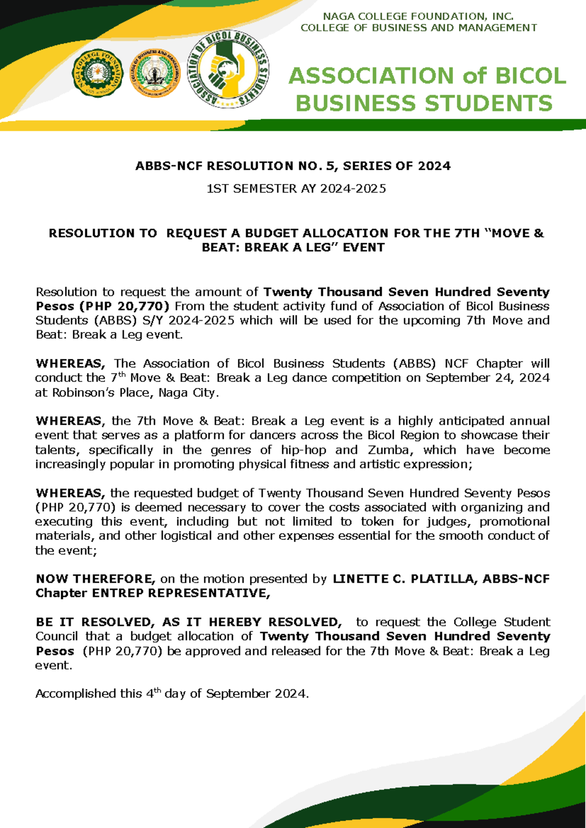 RESO No.5 docx - School resolution format - NAGA COLLEGE FOUNDATION ...