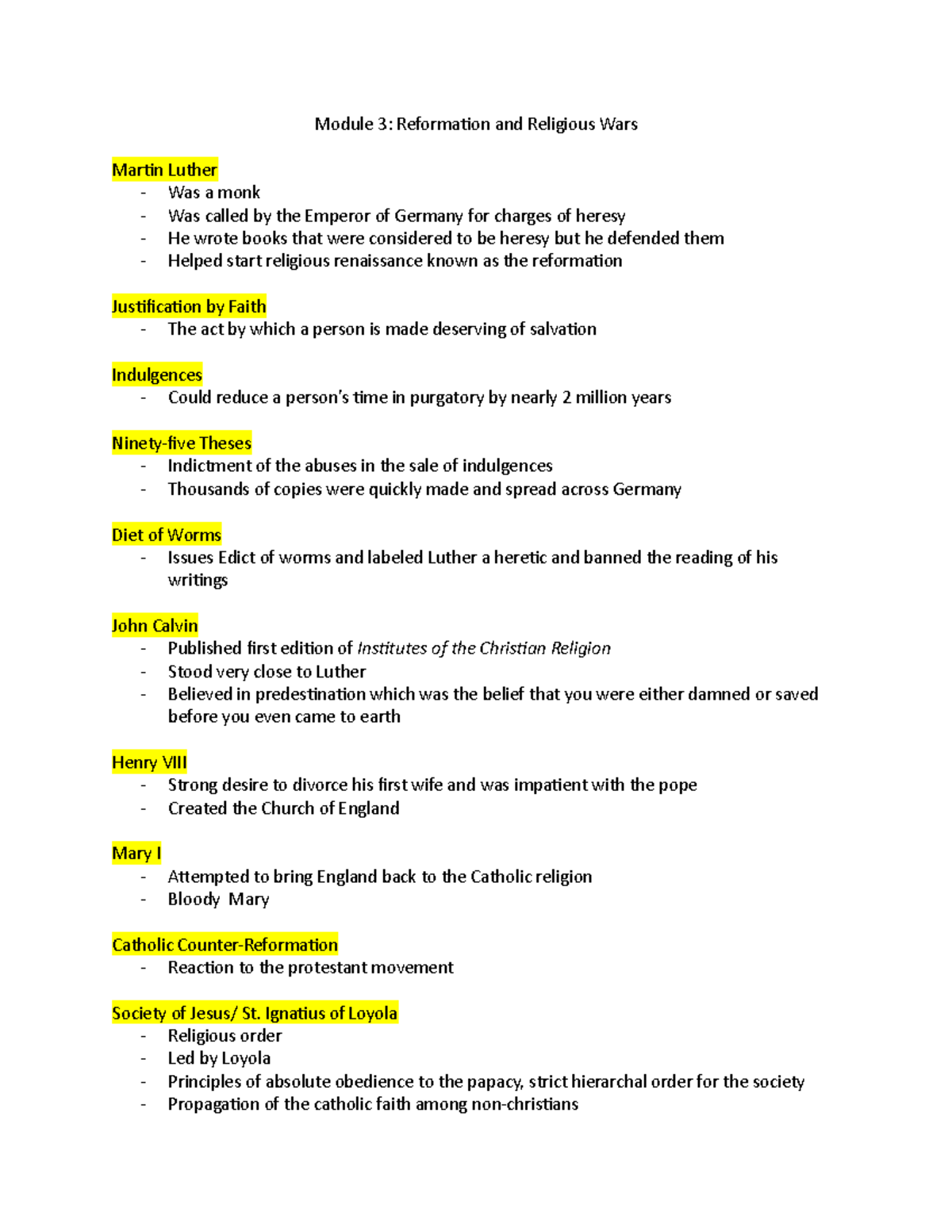 Module 3 Study Guide - Module 3: Reformation and Religious Wars Martin ...