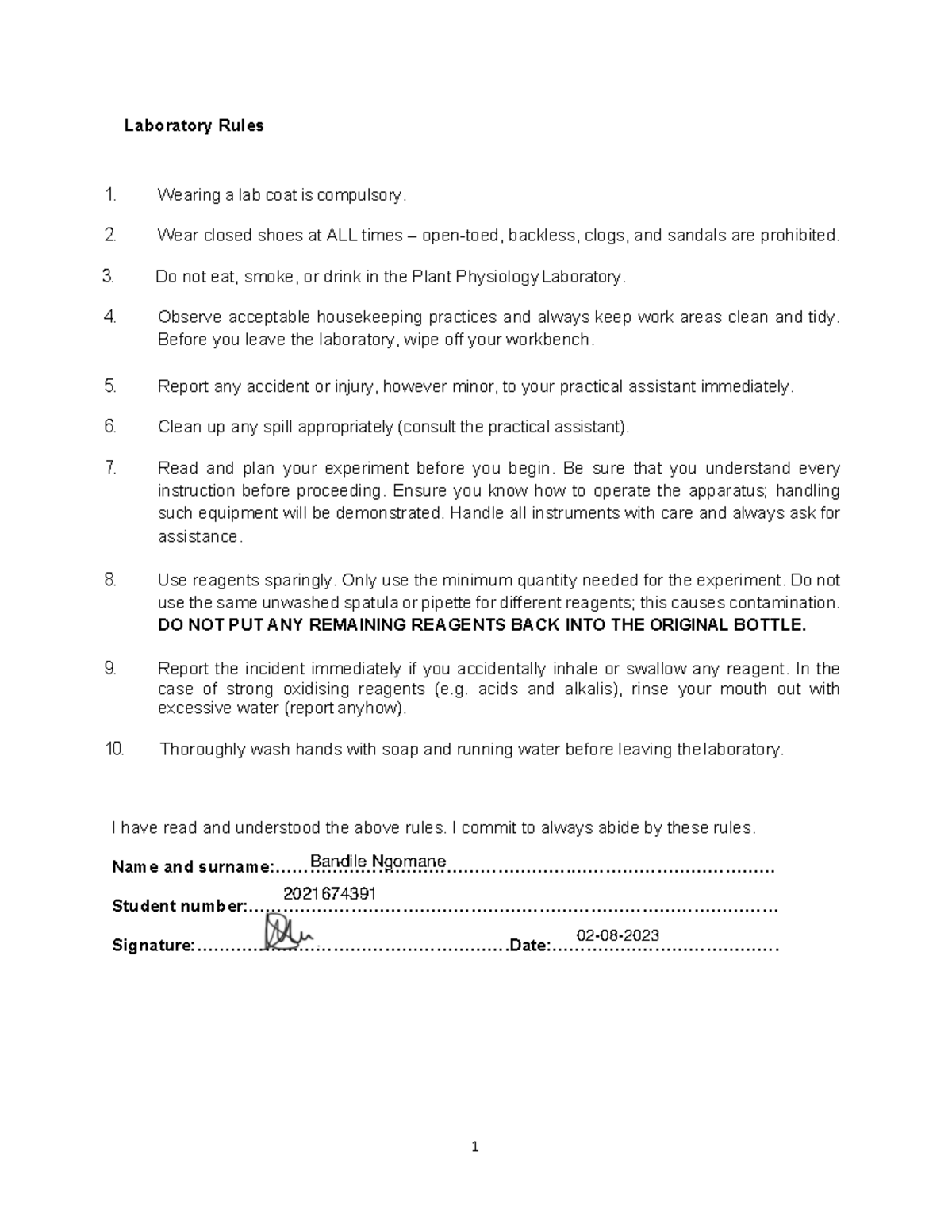 Lab rules Bandile - Lab Biology - 1 Laboratory Rules 1. Wearing a lab ...