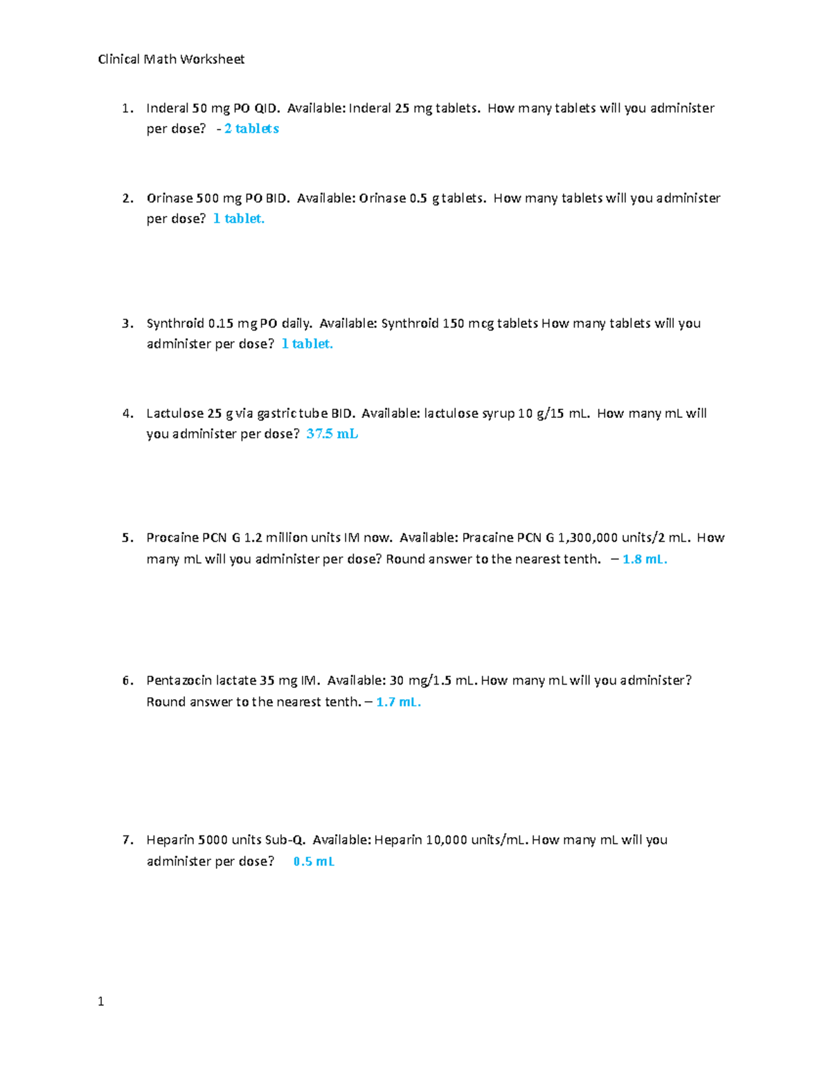 Clinical Math Worksheet Practice - Inderal 50 mg PO QID. Available ...