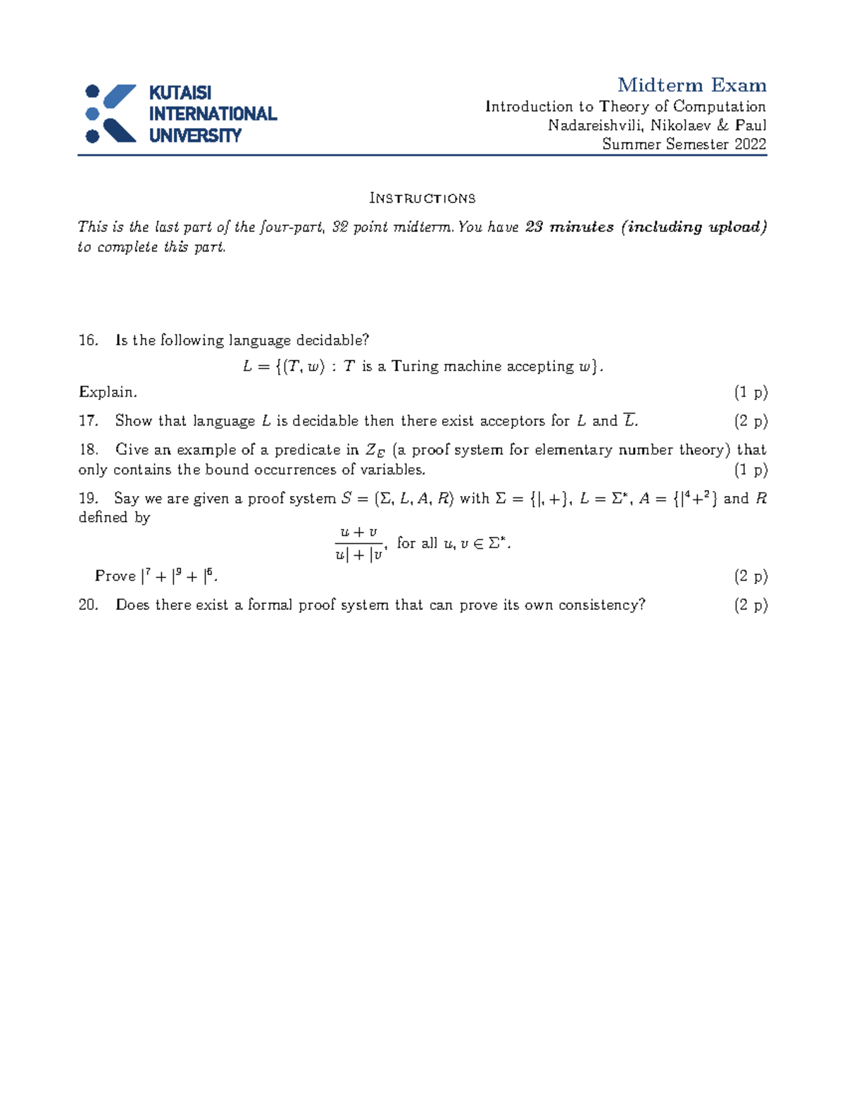 G2-4 - desc - Midterm Exam Introduction to Theory of Computation Nadareishvili, Nikolaev & Paul ...