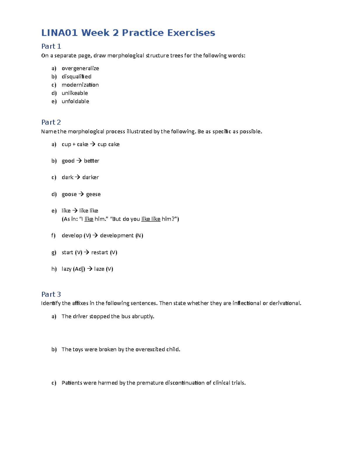 Week 2-Practice Exercises-Morphology II - LINA01 Week 2 Practice Exercises Part 1 On a separate ...