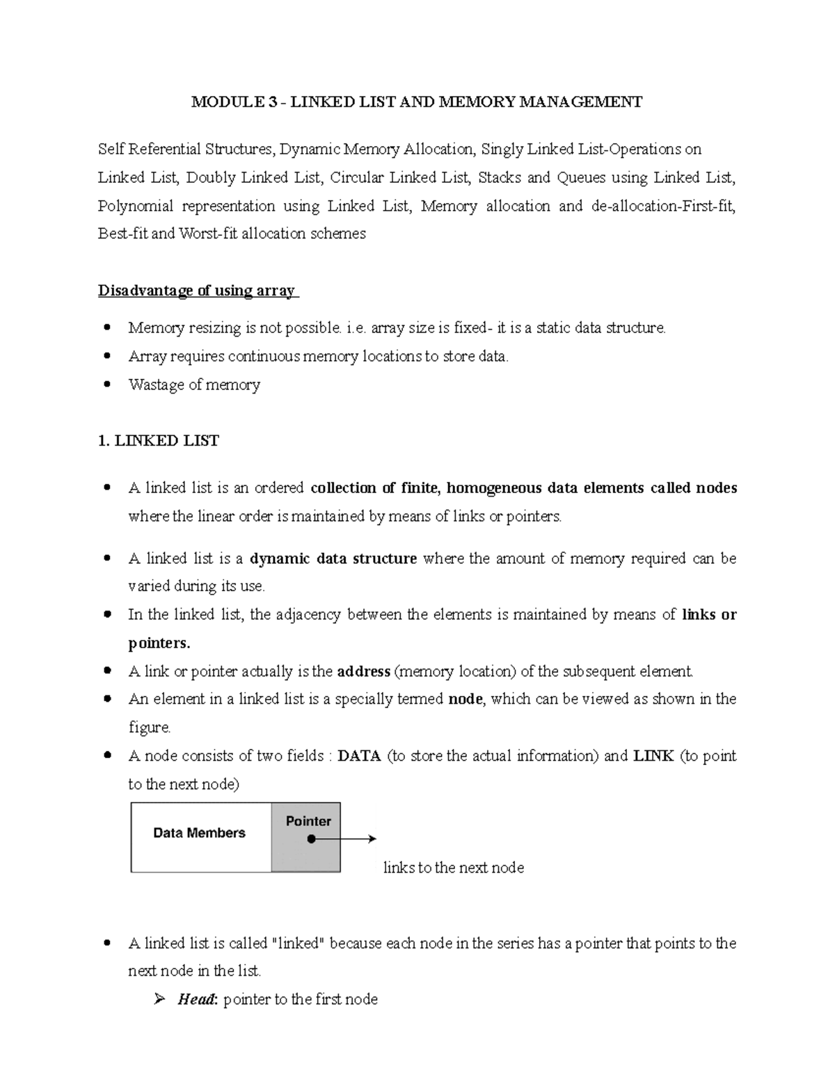 Module 3 part 1 - Notes - MODULE 3 - LINKED LIST AND MEMORY MANAGEMENT ...