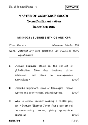 MCO-024 Business Ethics and CSR - MCO- What is business ethics? To quote two business scholars ...