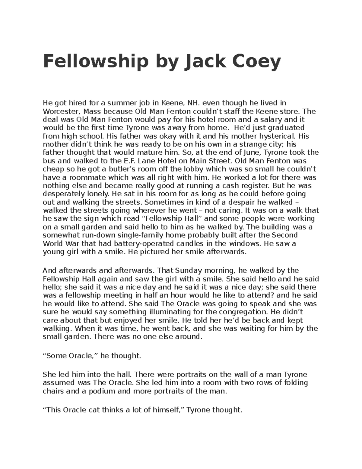 Fellowship by Jack Coey - even though he lived in Worcester, Mass ...