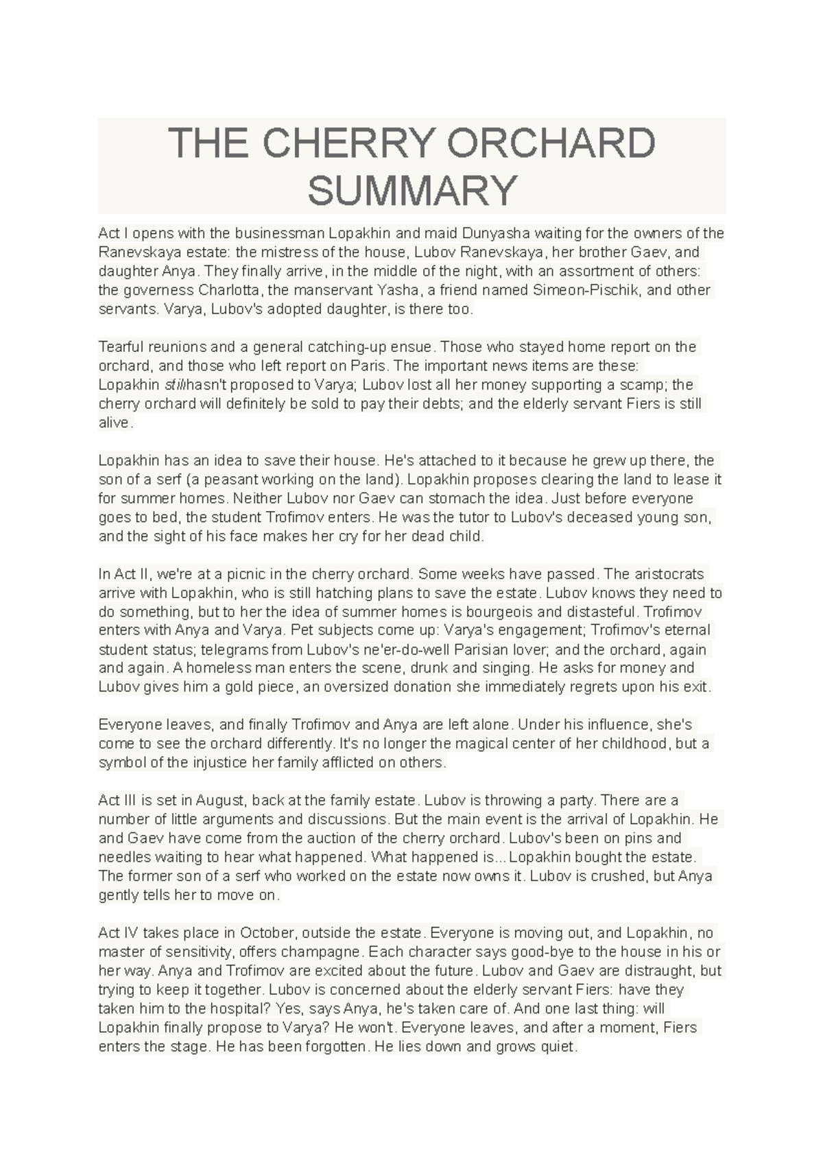 The Cherry Orchard THE Cherry Orchard Summary - THE CHERRY ORCHARD ...
