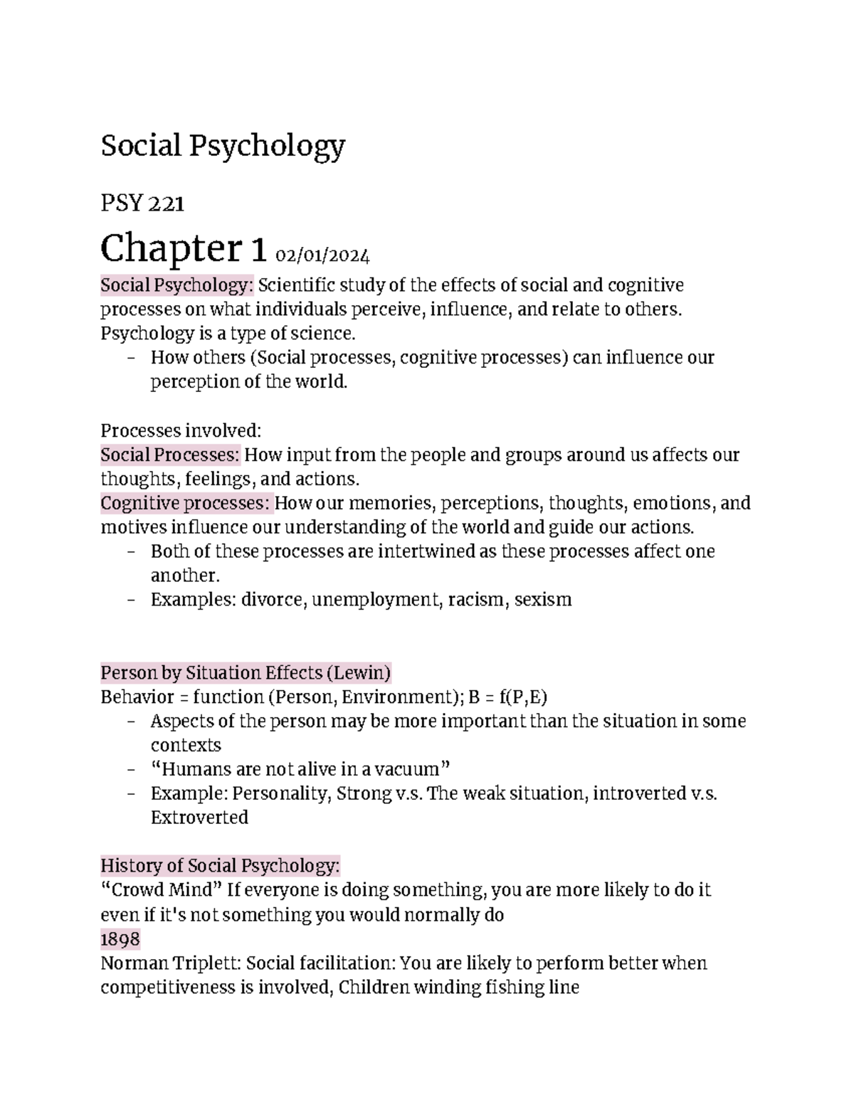 PSY221 Notes - Social Psychology PSY 221 Chapter 1 02/01/ Social ...
