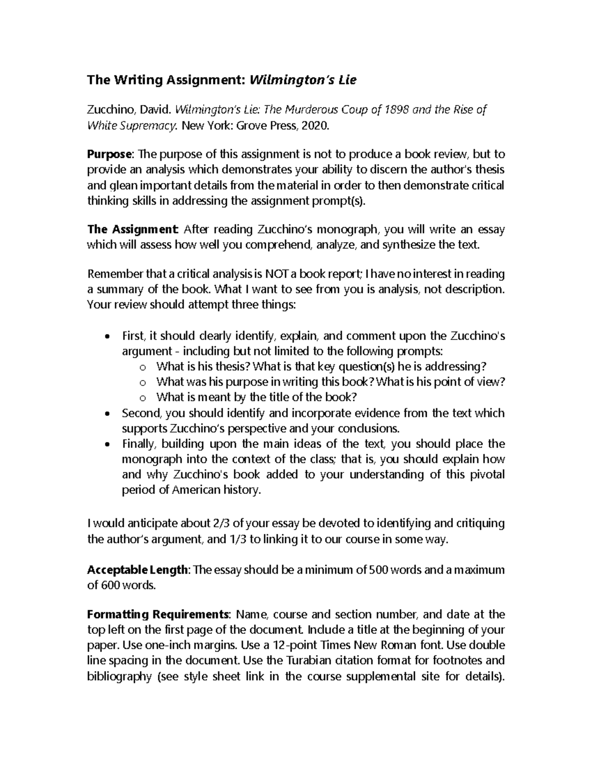 HIS-132 Wilmingtons Lie - S24 - The Writing Assignment: Wilmington’s ...