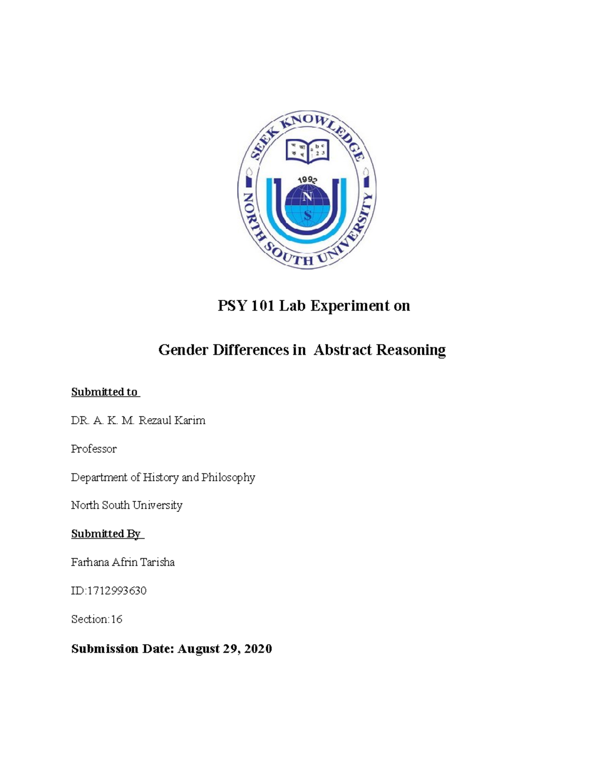 Experiment 2 - Final report - PSY 101 Lab Experiment on Gender ...