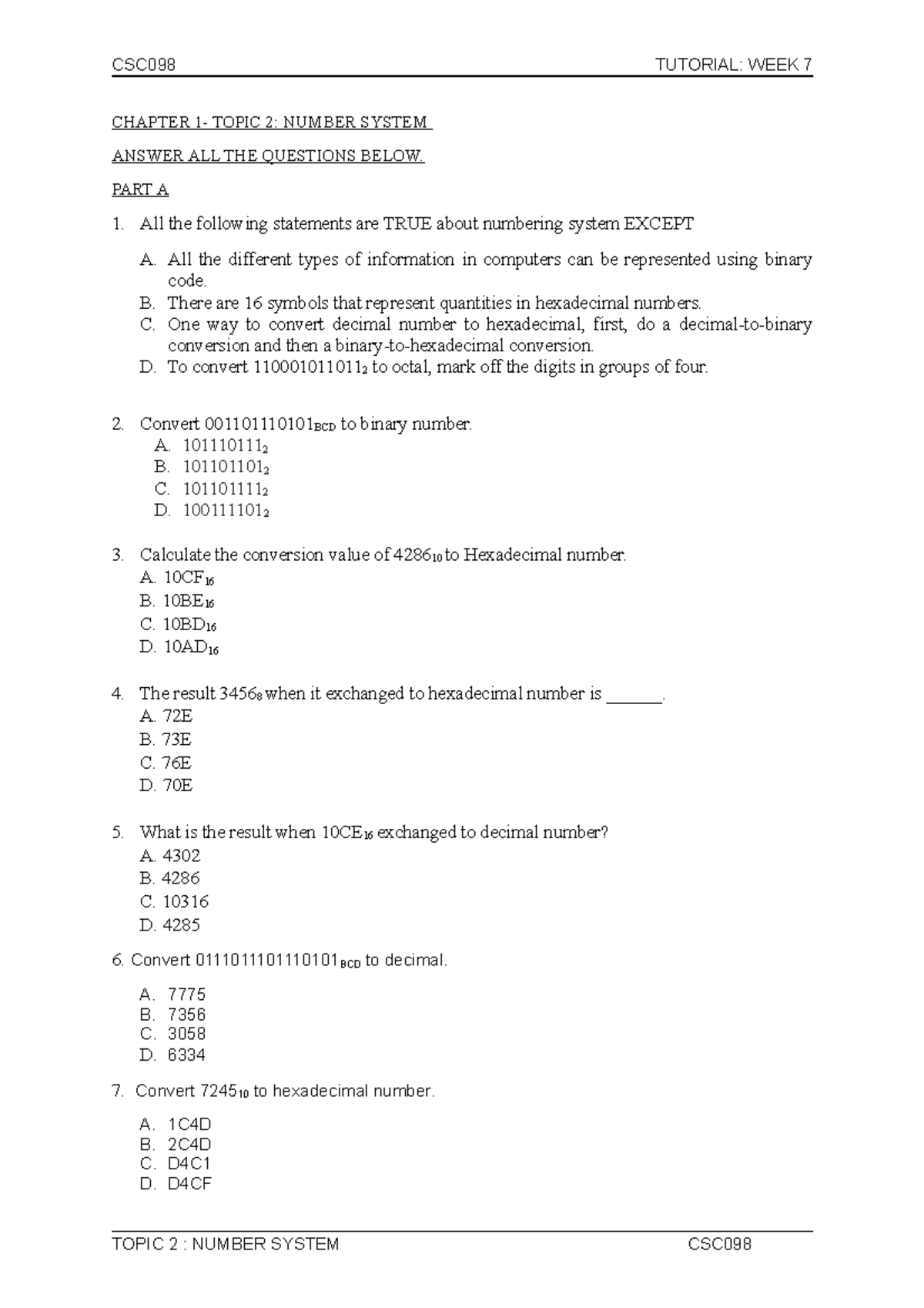 CSC098 Sem202307 Tutorial Week07 Number System Q - CHAPTER 1- TOPIC 2 ...