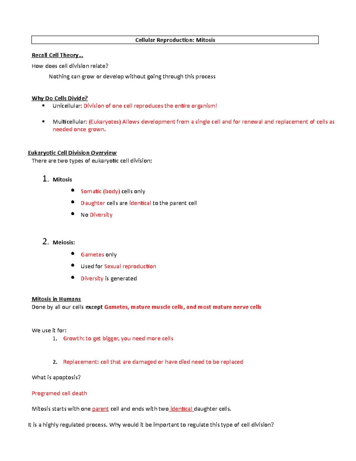 BIOL 1110 Cell Division Outline FA21 - Recall Cell Theory... How does ...
