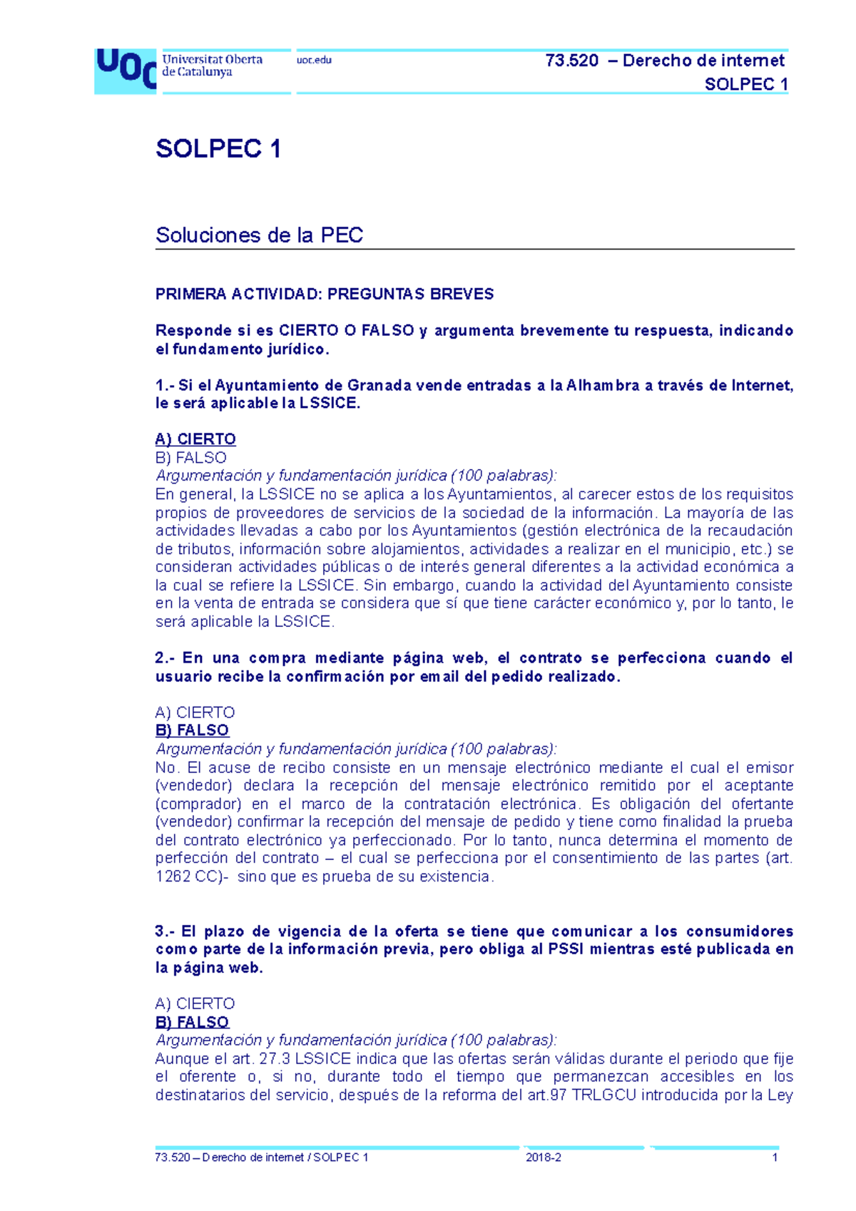 73520 Solpec 1 2018 2 - PEC´S DERECHO INTERNET - SOLPEC 1 Soluciones de la PEC PRIMERA ACTIVIDAD ...