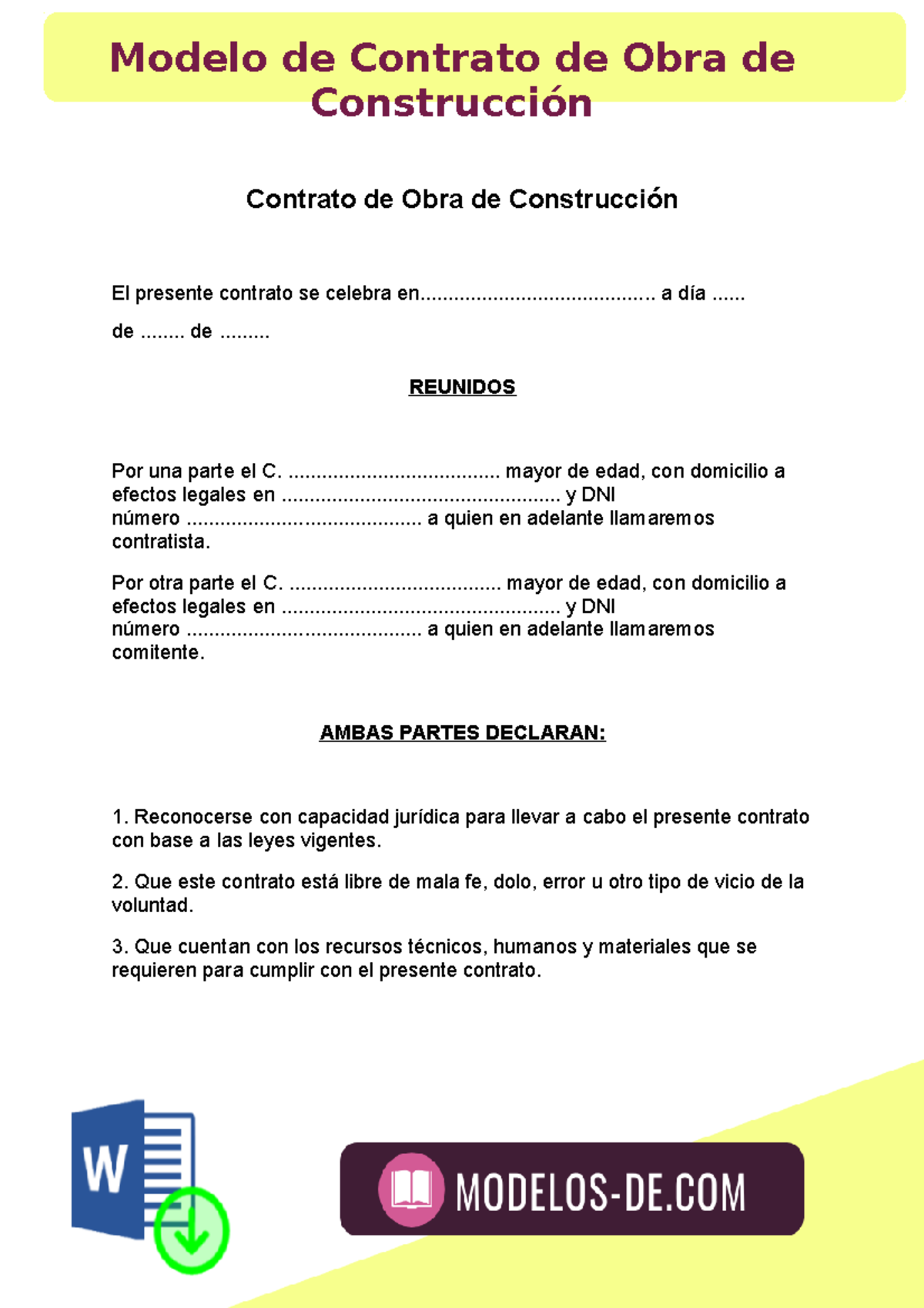 Modelo de Contrato de Obra de Construcción - Contrato de Obra de Construcción El presente ...