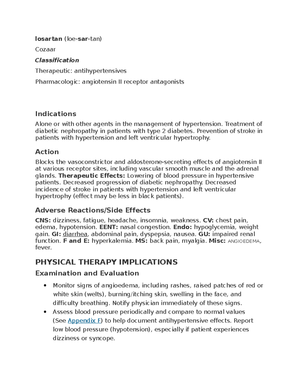 Drug Cards - losartan (loe-sar-tan) Cozaar Classification Therapeutic ...
