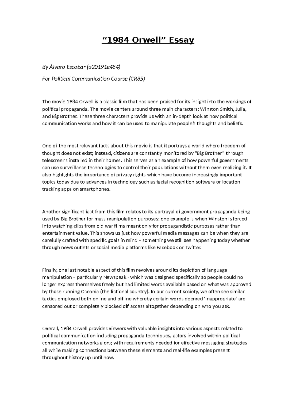 1984 Orwell Essay - “1984 Orwell” Essay By Álvaro Escobar (u20191e484 ...