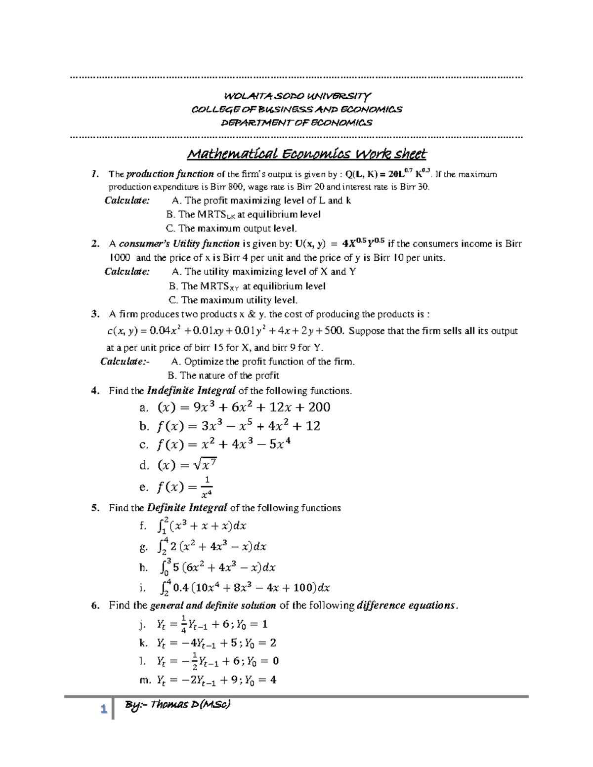 Work Sheet Mathematical Economics-1 - 1 By:- Thomas D(MSc) - Studocu