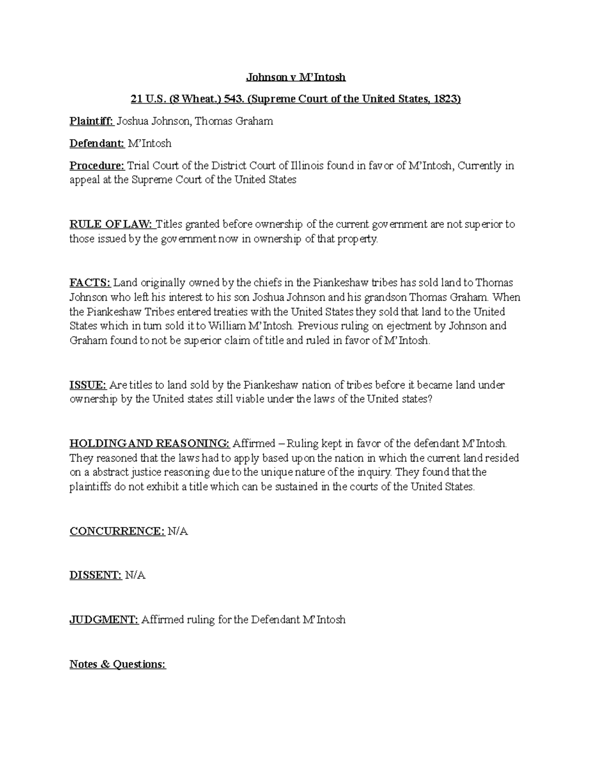 Johnson v M'Intosh (1823) - Johnson v M’Intosh 21 U. (8 Wheat.) 543 ...