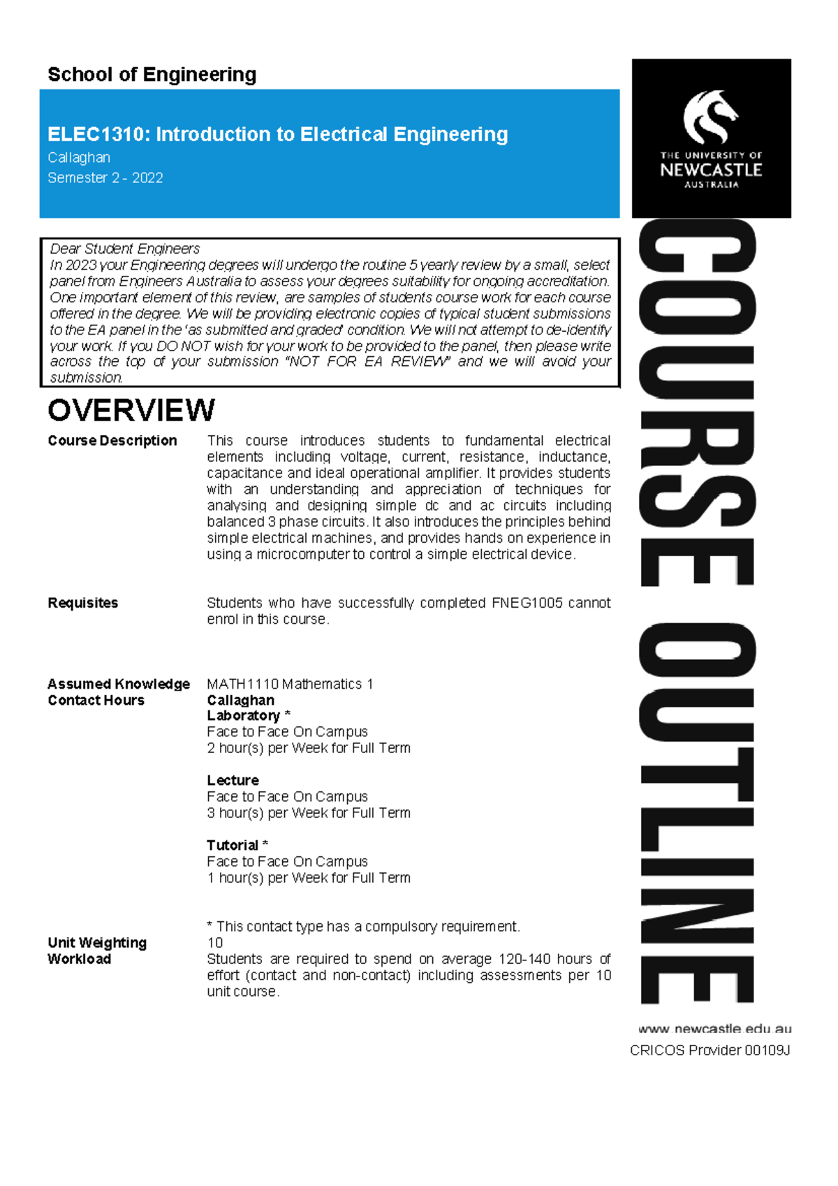 ELEC1310 Course Outline S2 2022 - School of Engineering ELEC1310: Introduction to Electrical ...