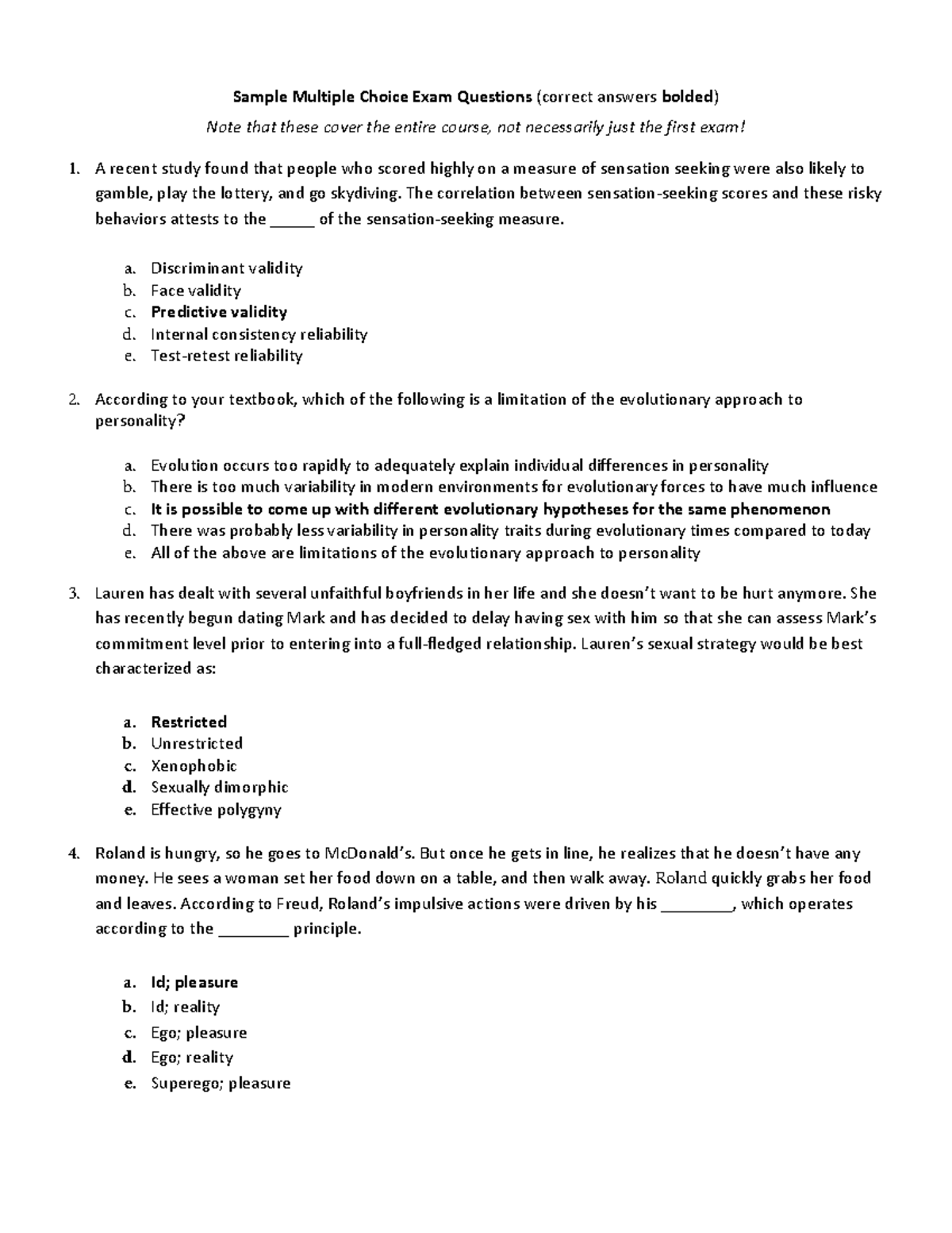 Sample Exam Questions - Sample Multiple Choice Exam Questions (correct ...