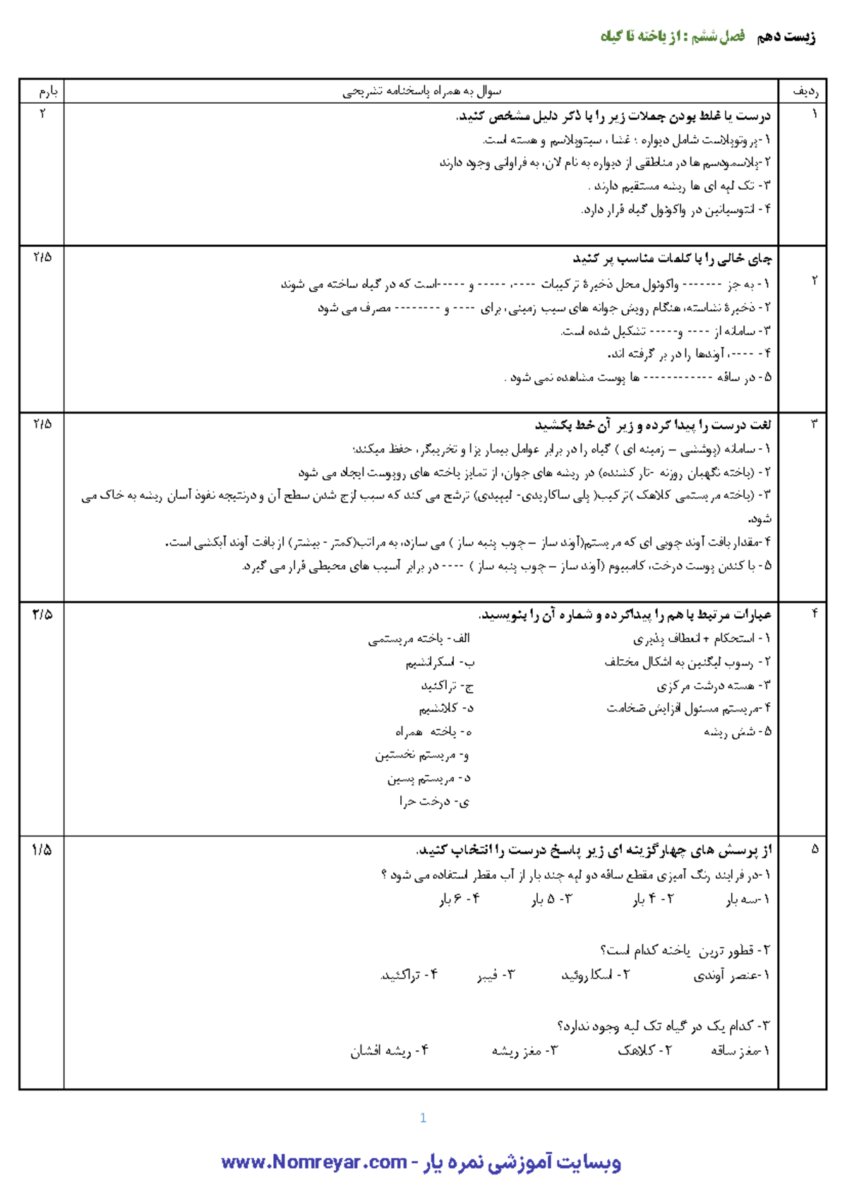 Soalemtehani zist 10 Fasl6 1 Nomreyar - بارم تشریحیسوال به همراه ...