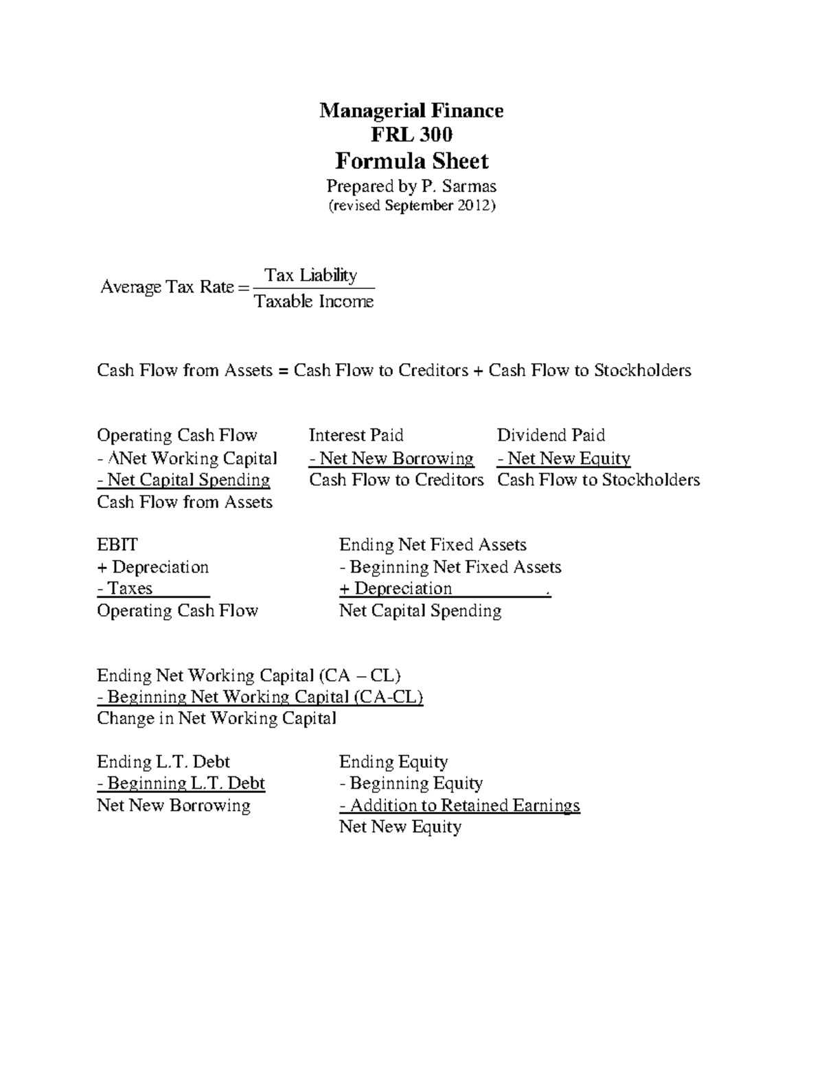 FFM-Formula Sheet 1 - Managerial Finance FRL 300 Formula Sheet Prepared ...
