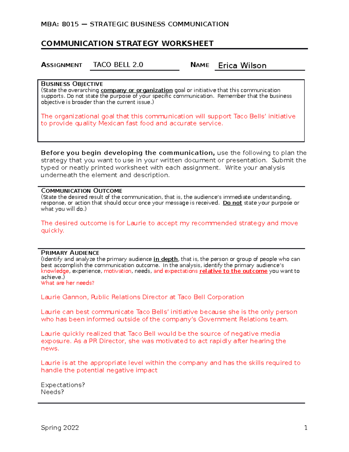 Taco Bell Communication Strategy Worksheet 2.0 Draft - COMMUNICATION ...