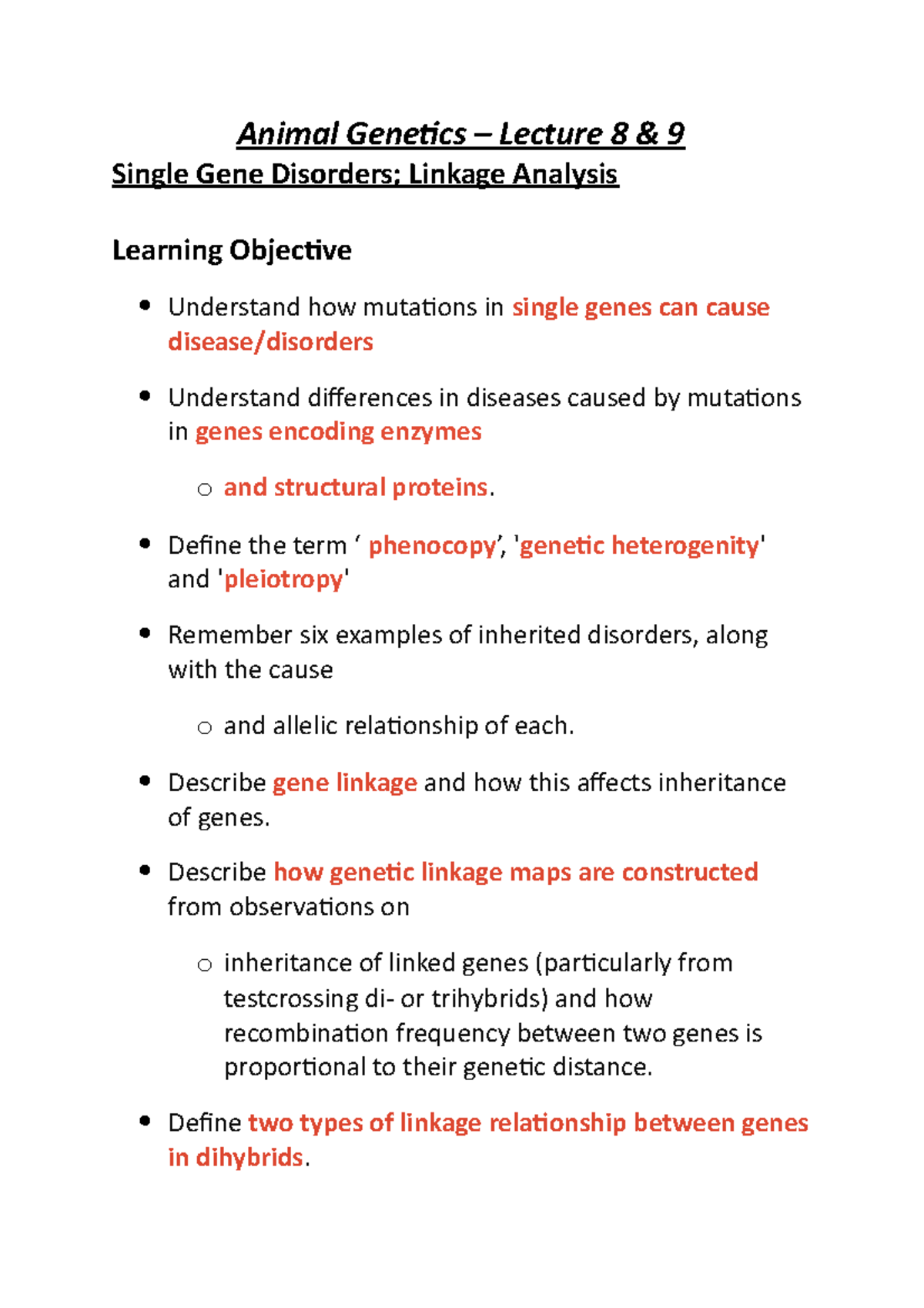 Animal Genetics Lecture 8 and 9 - Animal Genetics – Lecture 8 & 9 Single Gene Disorders; Linkage ...