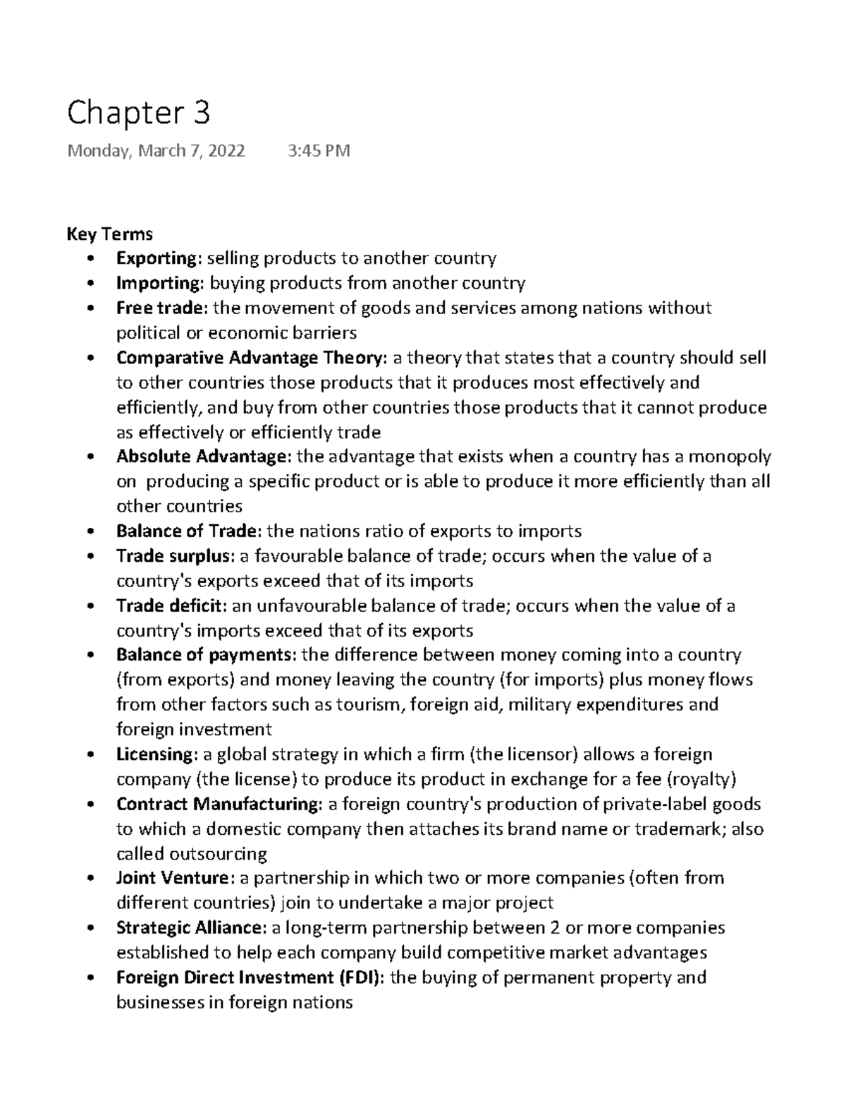 Business Environment Chapter 3 - Key Terms - Exporting: selling ...