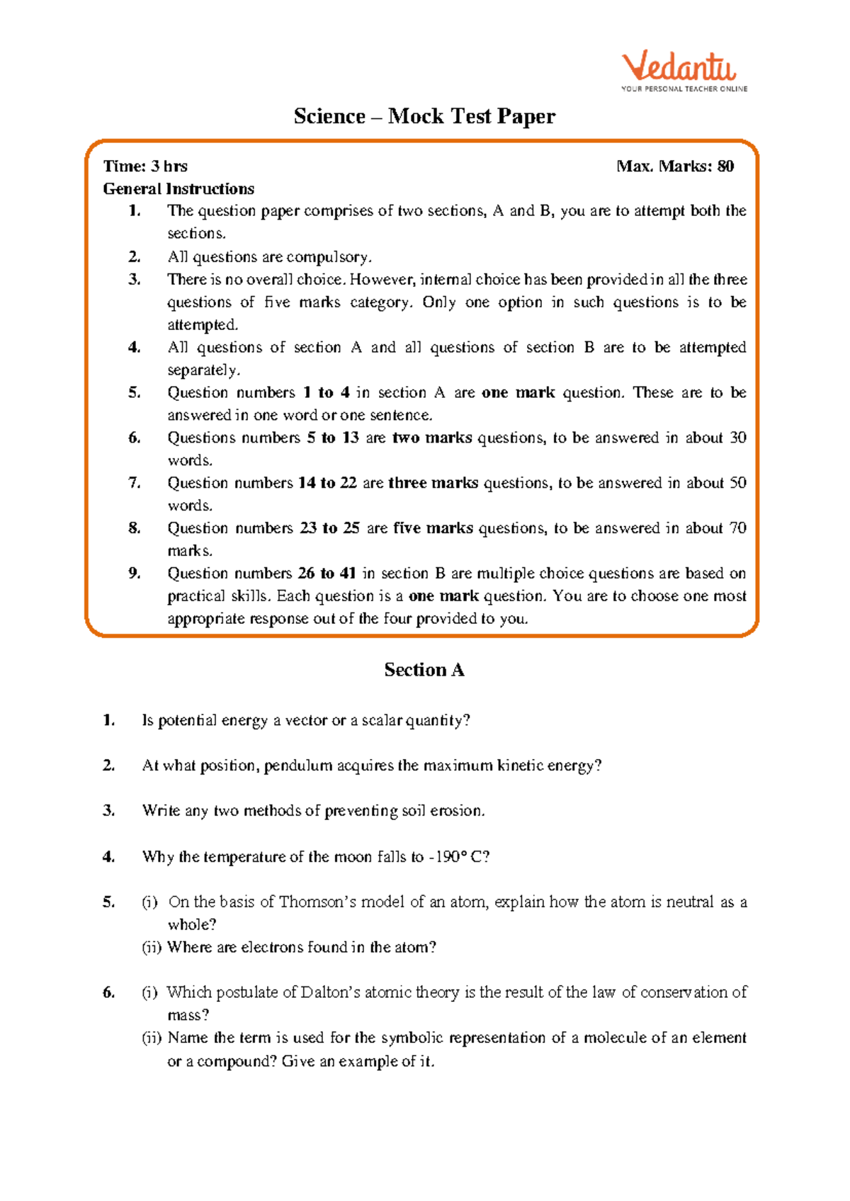 CBSE Sample Question Papers for Class 9 Science - Mock Paper 1 ...