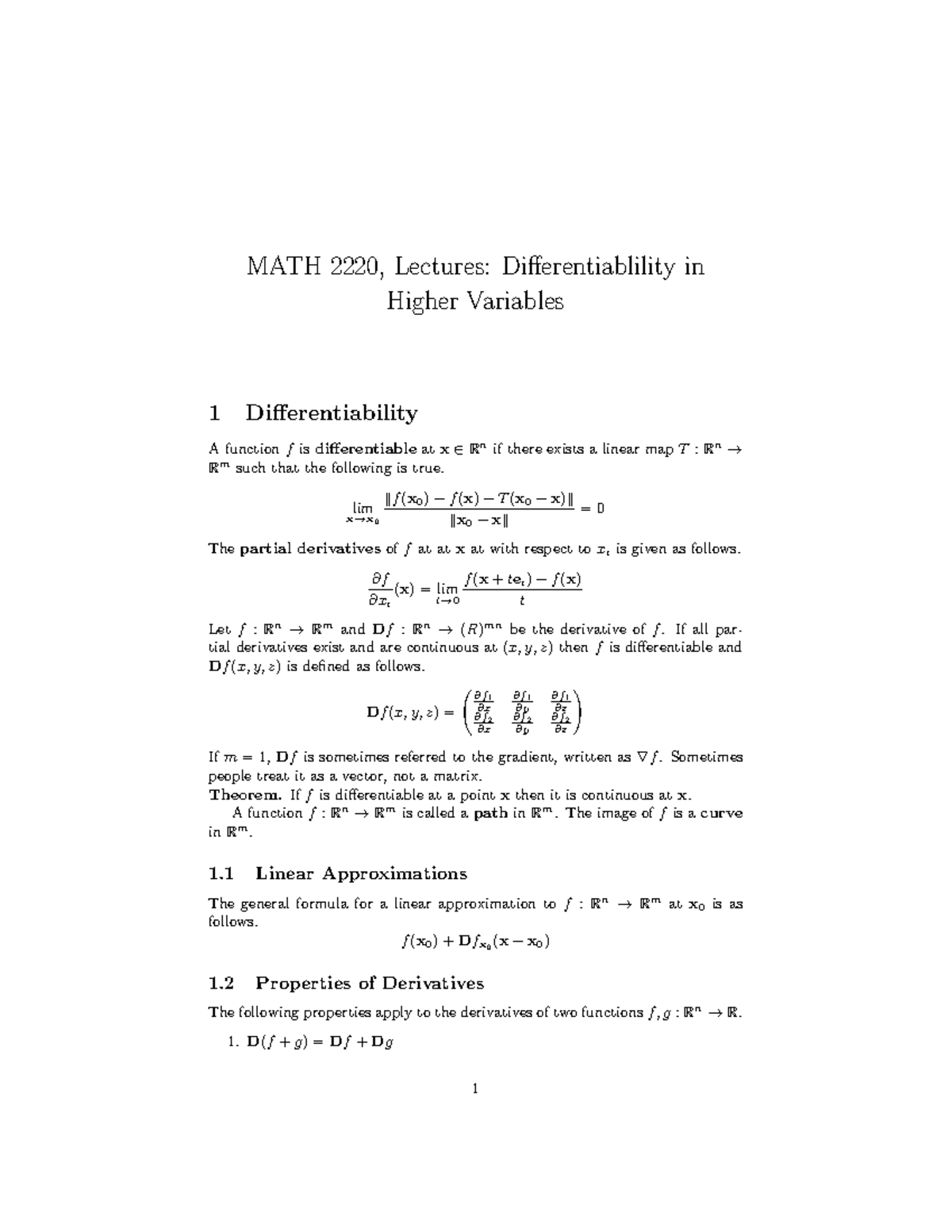 Lecture Notes Differentiablility In Higher Variables Math 2220 Lectures Differentiablility