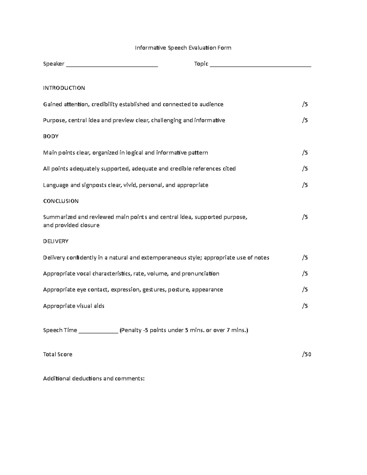 Informative Speech Evaluation Form S2020 - Informaive Speech Evaluaion ...